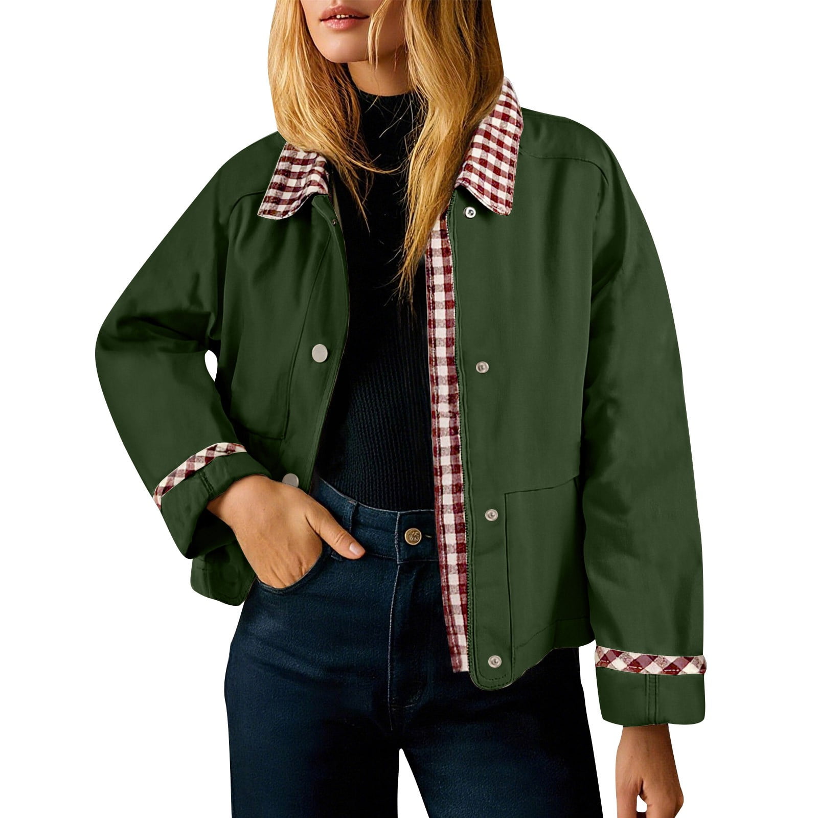 FNFYFH Womens Barn Jacket Cropped Shacket Jacket Contrast Plaid ...