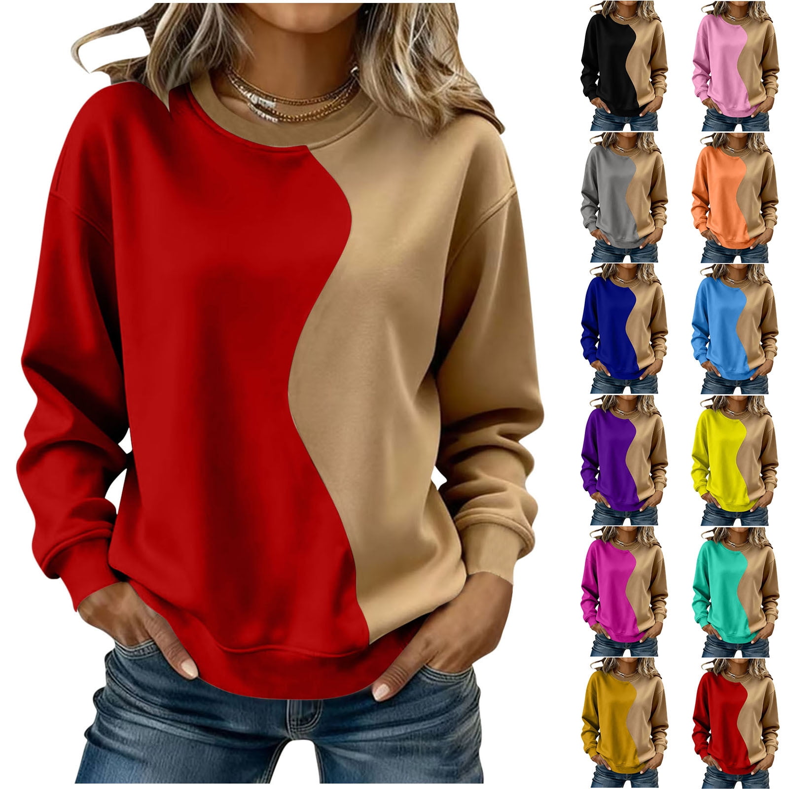 FNFYFH Womens Color Block Swetshirt Crewneck Long Sleeve Loose Fit Tops ...