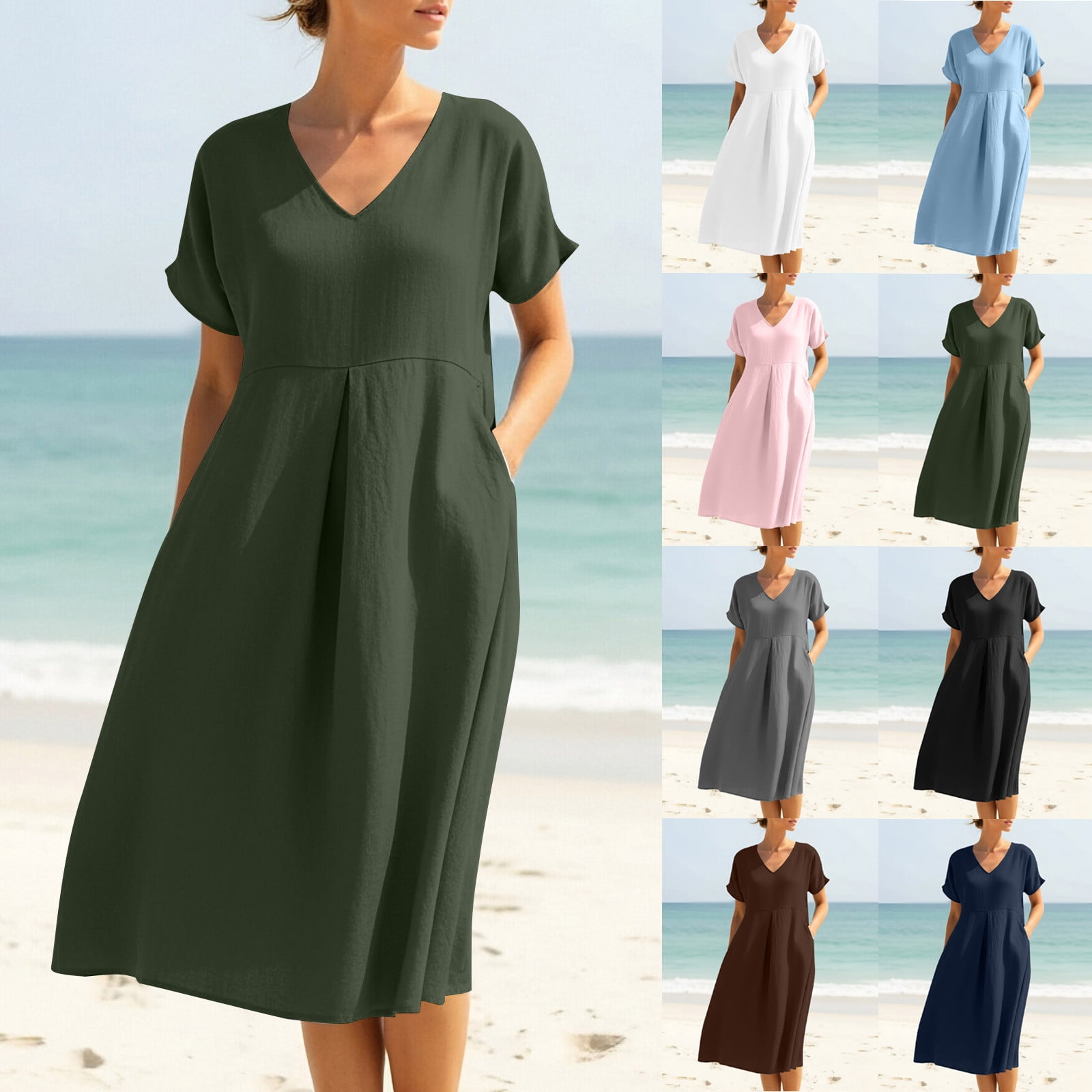 FNFYFH Womens Cotton Linen Dresses Short Sleeve V Neck Loose A Line ...