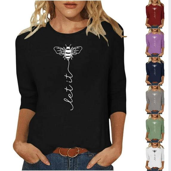 FNFYFH Womens Cute Bee Graphic Tee Shirts 3/4 Sleeve Funny Letter Print ...