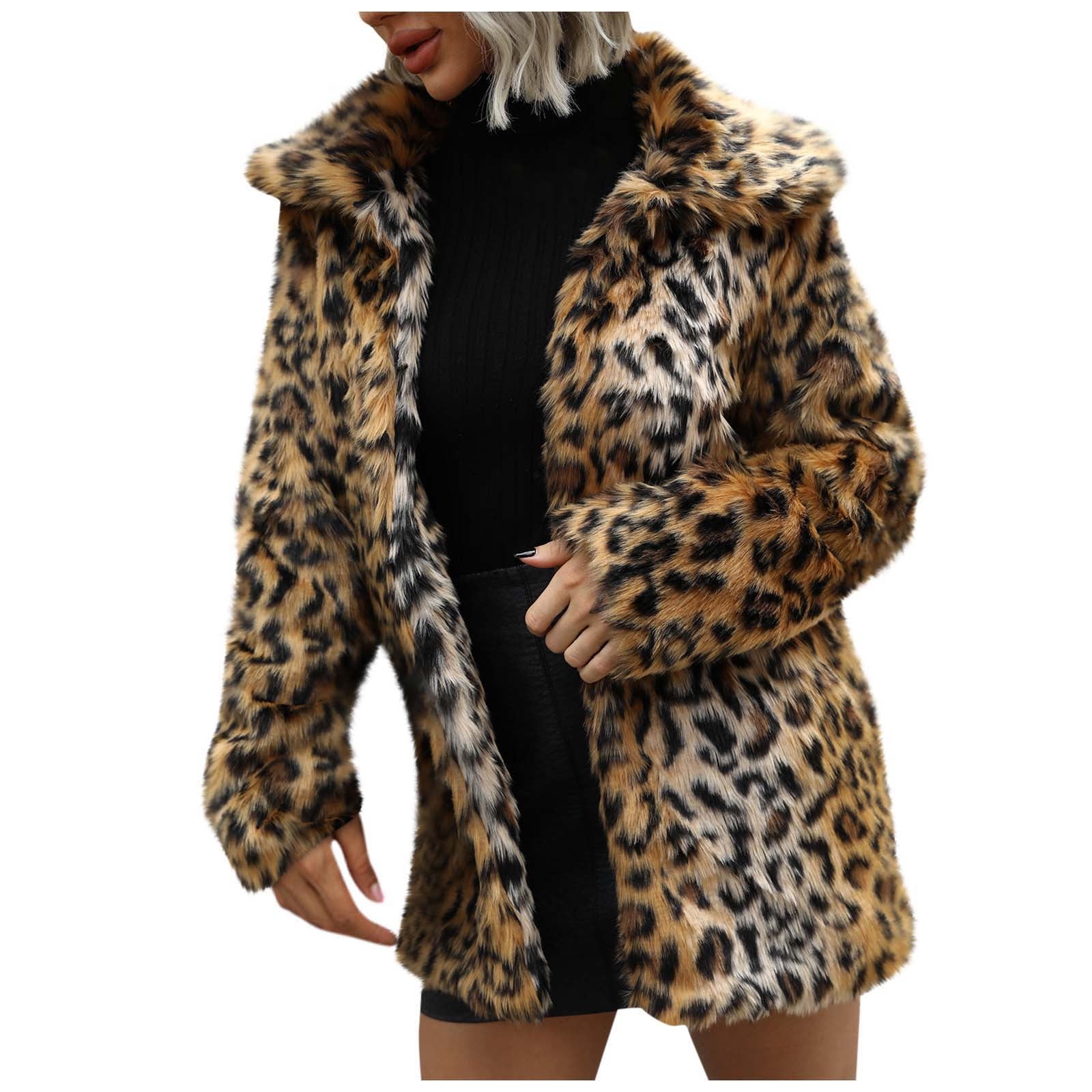 FNFYFH Womens Faux Fur Jacket Lapel Shaggy Coat Leopard Plush Jackets Long Sleeve Open Front ...