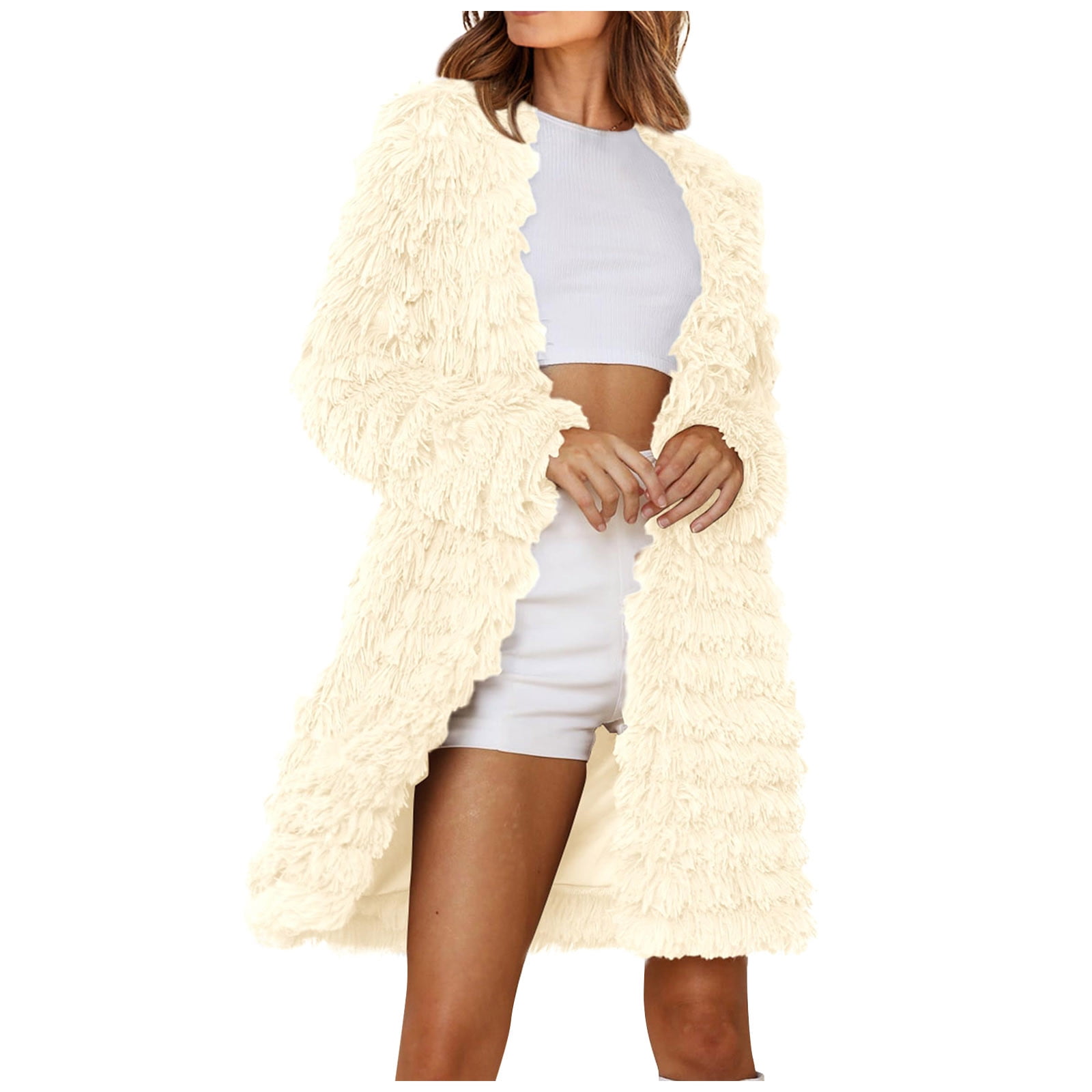 FNFYFH Womens Faux Fur Jacket Open Front Fluffy Coat Outerwear Long ...