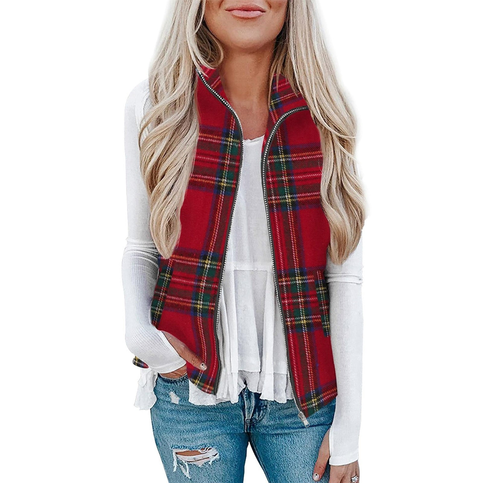 FNFYFH Womens Flannel Vest Zip Up Stand Collar Plaid Vests Sherpa ...