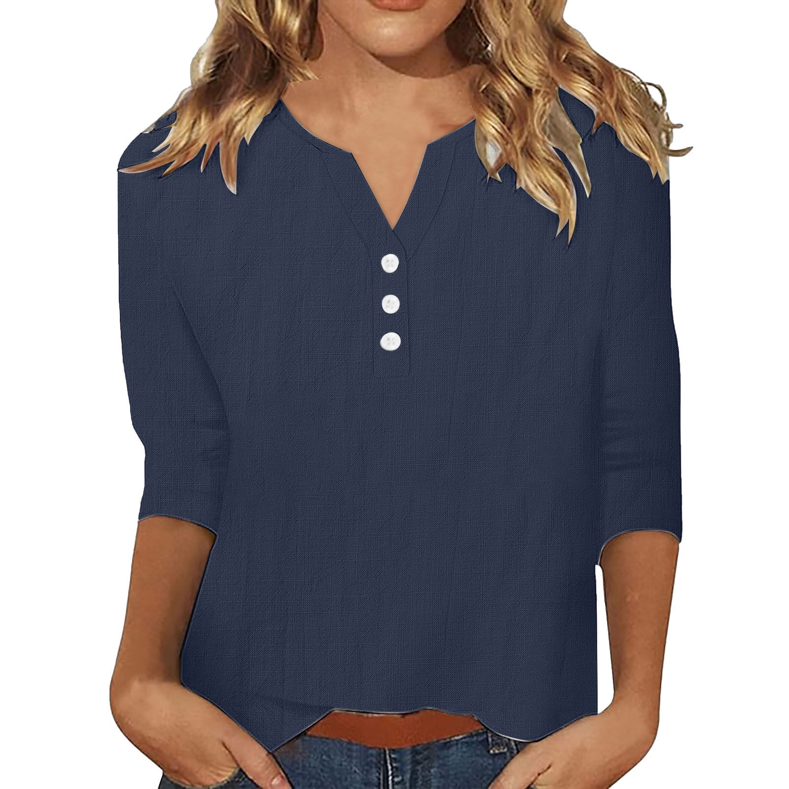 FNFYFH Womens Henley Shirt 3/4 Sleeve Cotton Linen Tops Casual V Neck ...