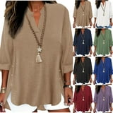 FNFYFH Womens Lightweight V Neck Shirt Rolled Long Sleeve Boho Tops ...