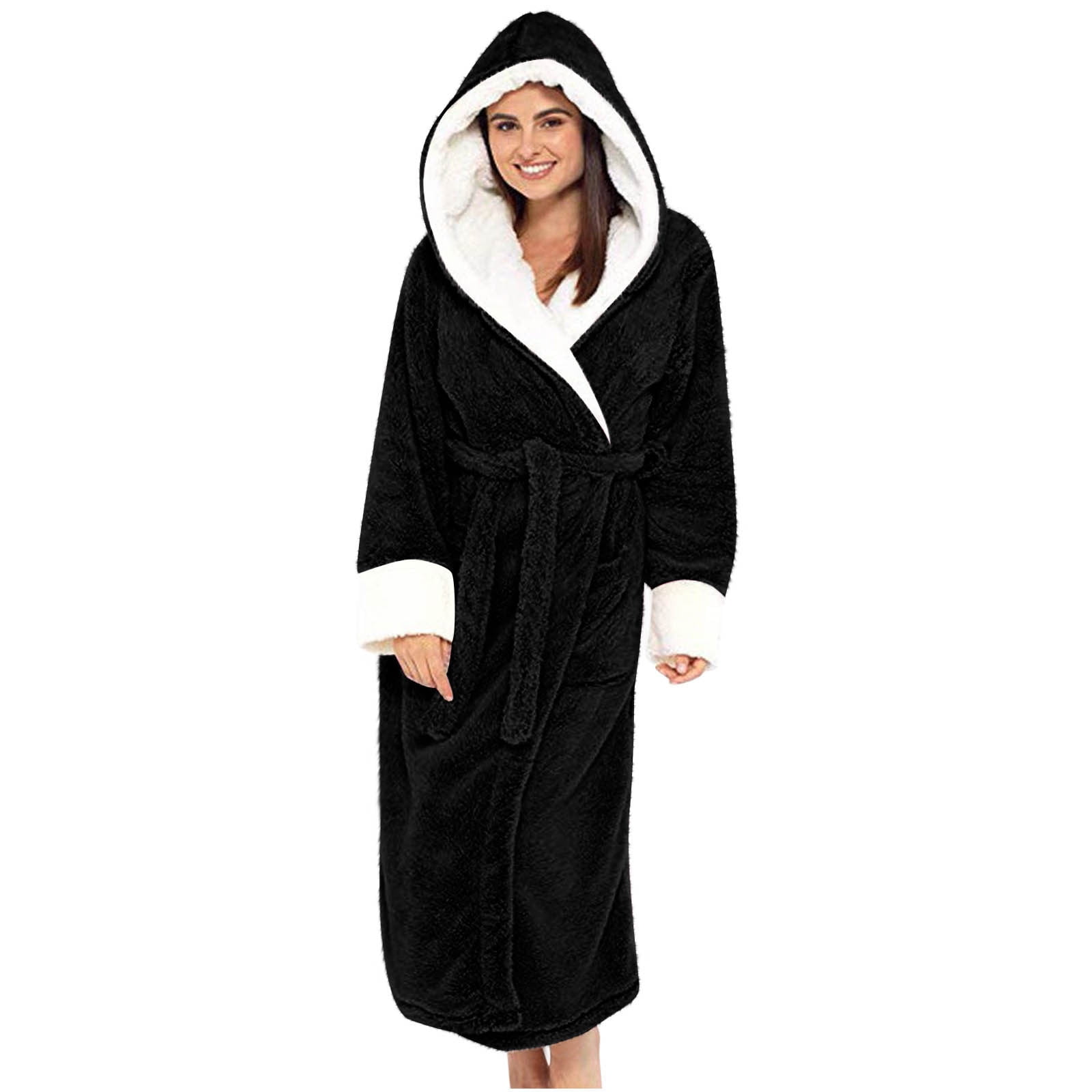 FNFYFH Womens Long Plush Robe Super Soft Hooded Fleece Robes Winter ...