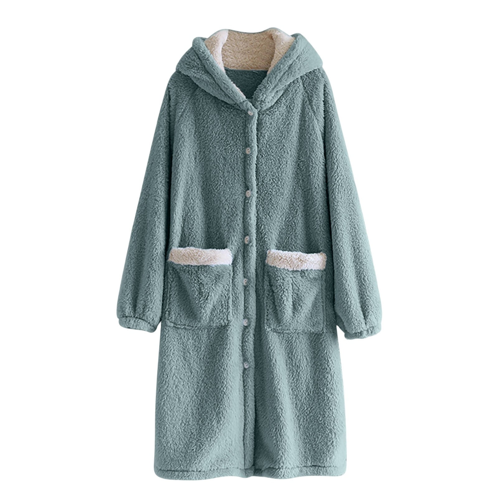 FNFYFH Womens Long Plush Robes Soft Button Down Fleece Robe Hooded Long ...