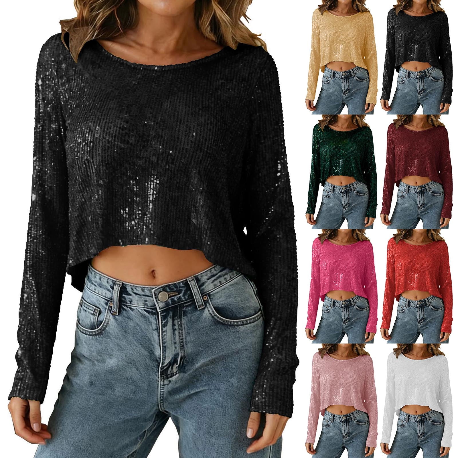 FNFYFH Womens Long Sleeve Crop Sparkly Tops Boat Neck Glitter Top New ...