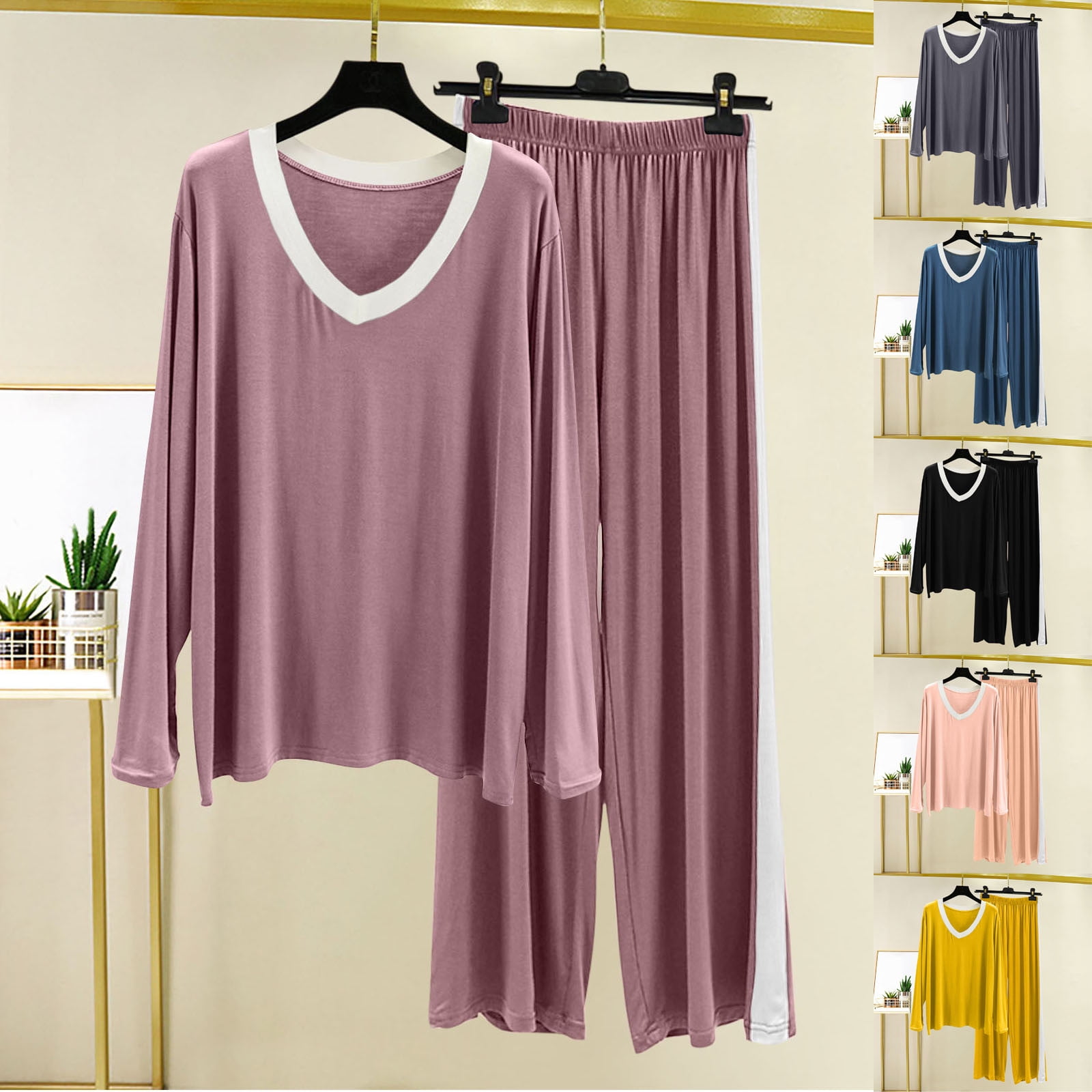 FNFYFH Womens Modal Pajama Sets 2 Piece Lounge Set Long Sleeve V Neck ...