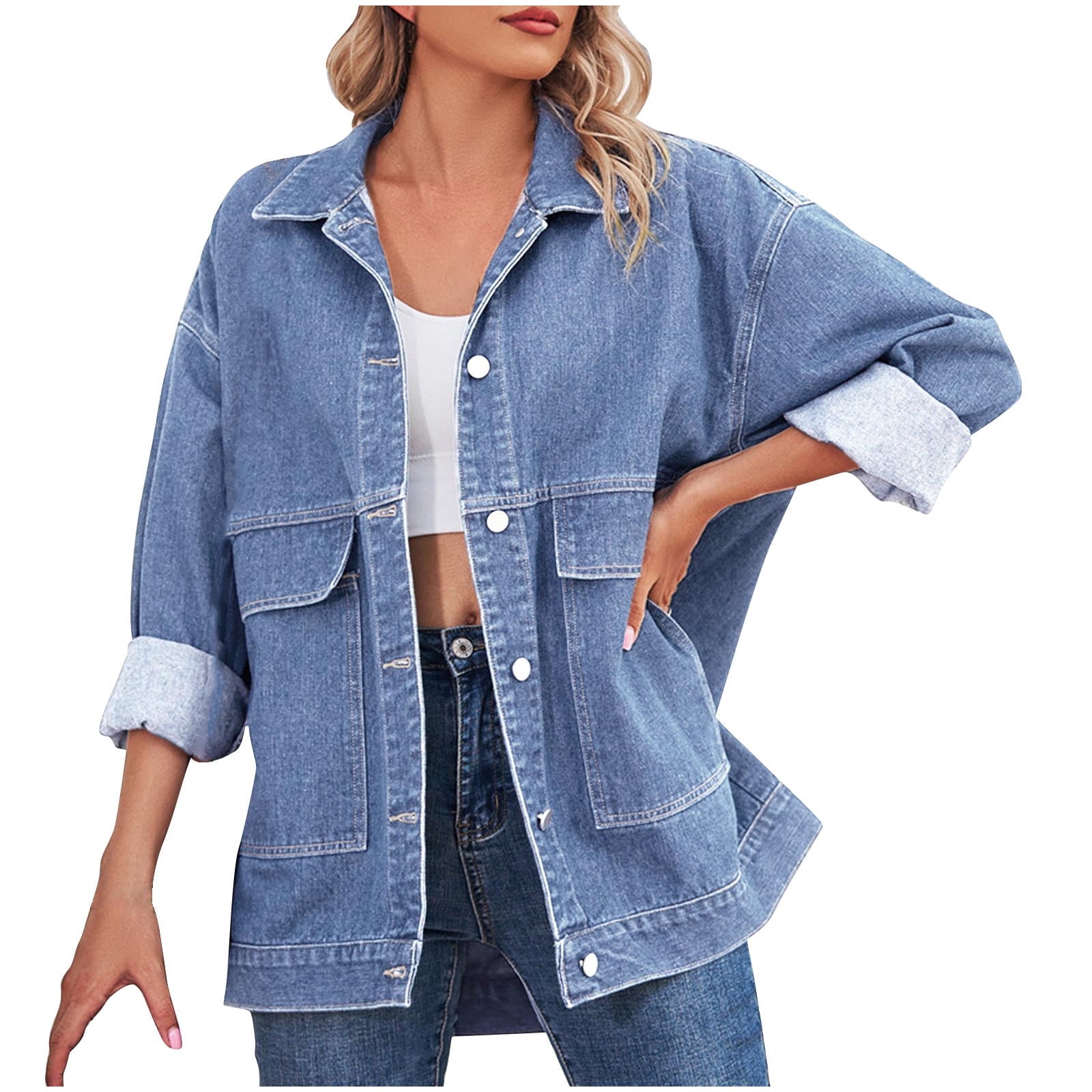 FNFYFH Womens Oversized Jean Jacket Boyfriend Button Up Denim Jackets ...