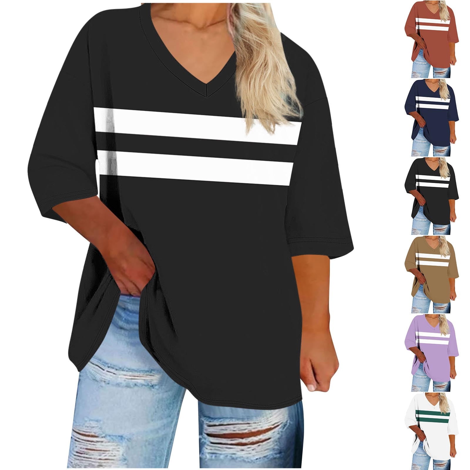 FNFYFH Womens Plus Size 3/4 Sleeve Tops Classic Fit V Neck T-shirt ...