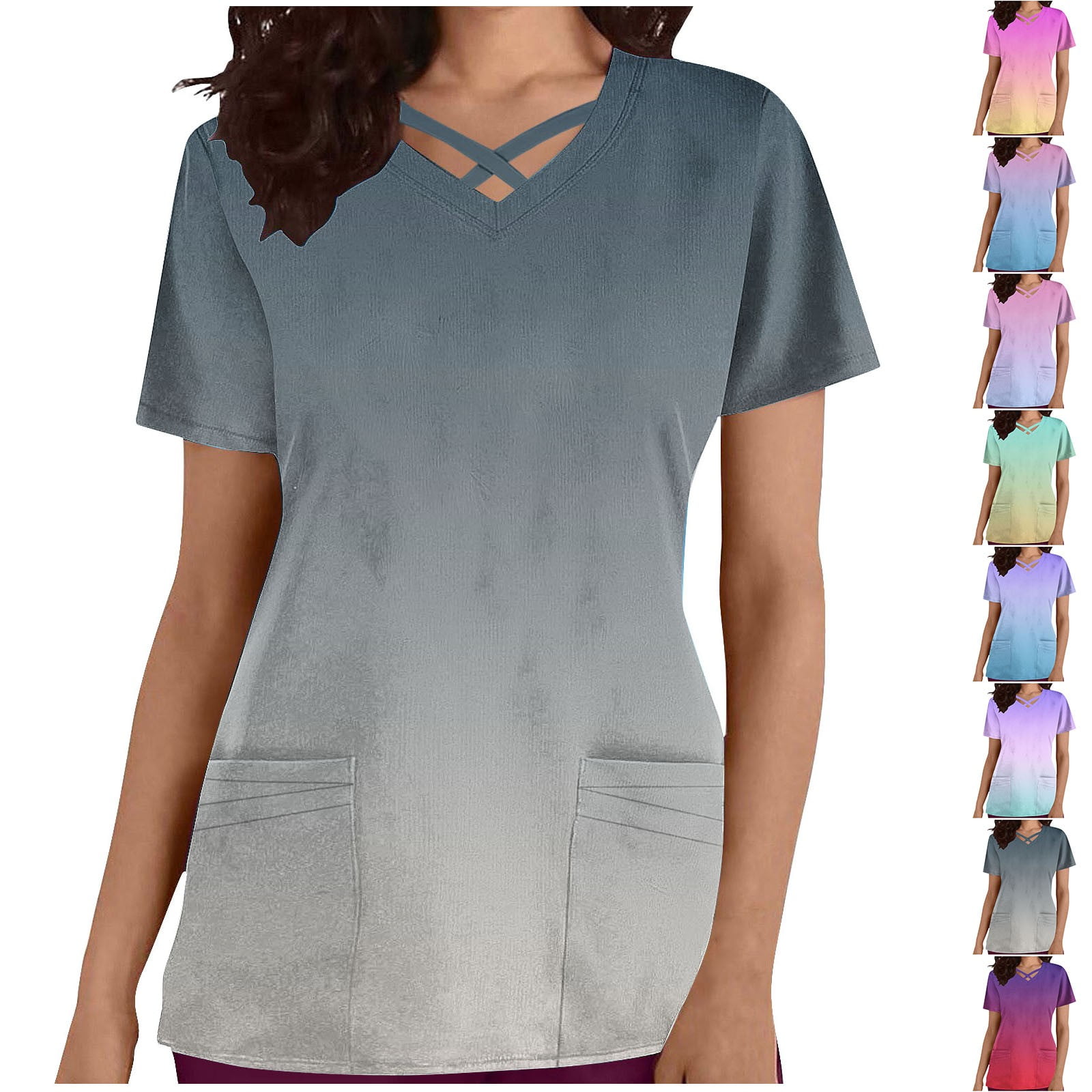 FNFYFH Womens Plus Size Scrubs Short Sleeve Scrub Tops Criss Cross V ...