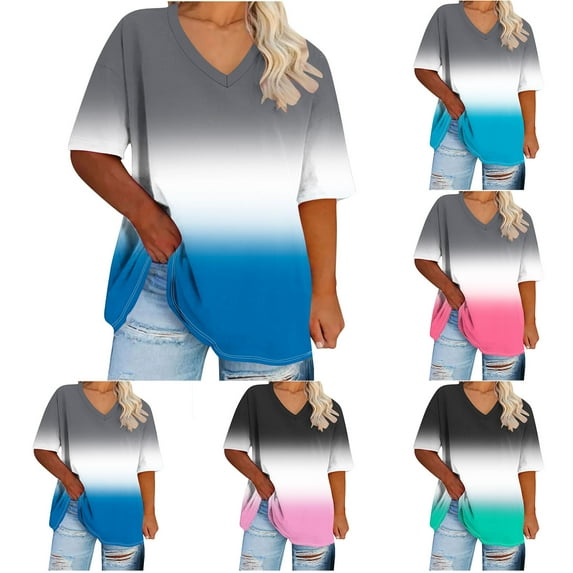 FNFYFH Womens Plus Size Short Sleeve T Shirt Summer Color Block V Neck ...
