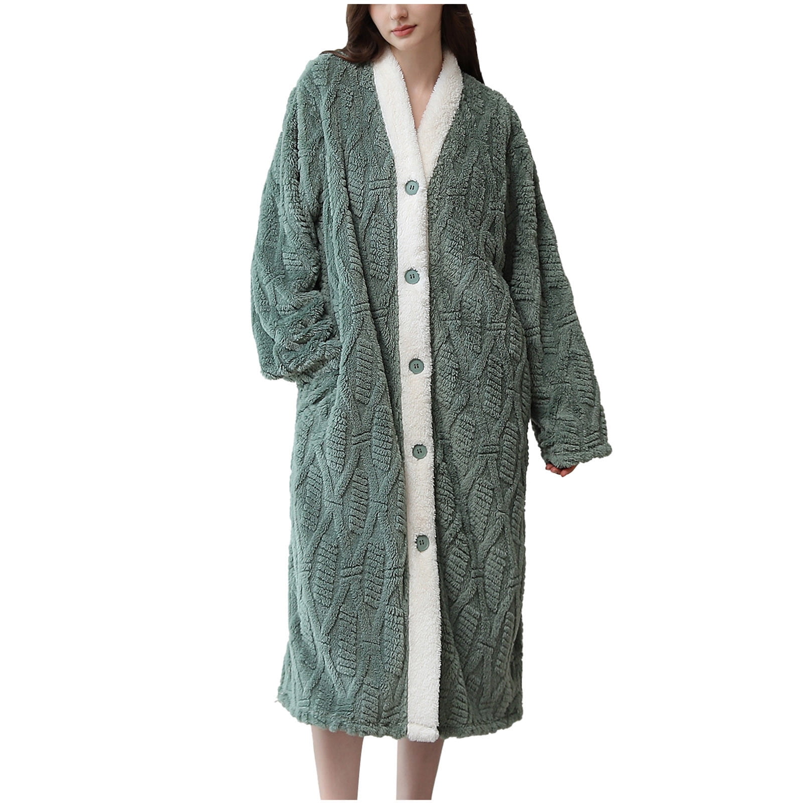 FNFYFH Womens Plush Soft Robe Button Down V Neck Jacquard Fleece ...