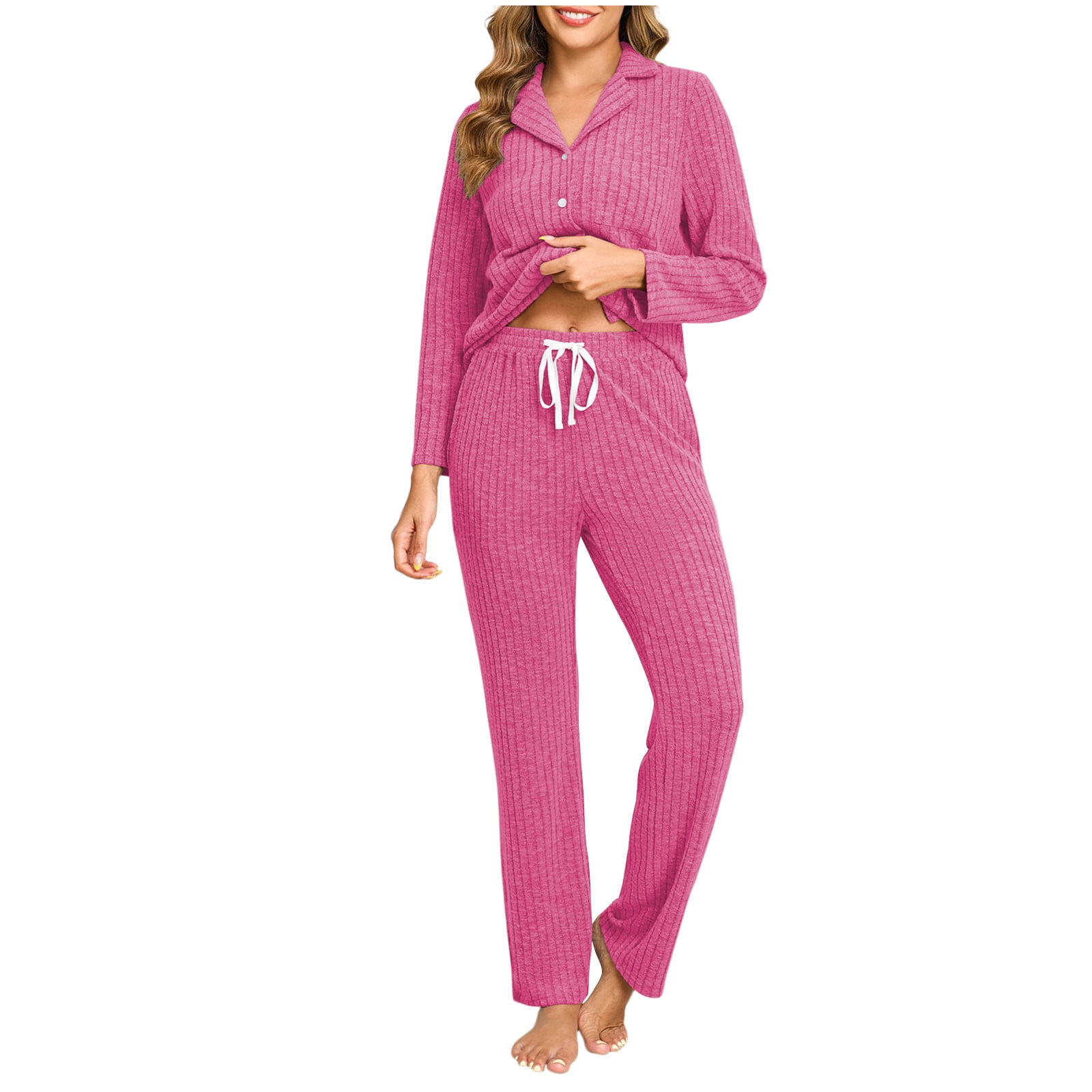 FNFYFH Womens Ribbed Knit Pajama Sets 2 Piece Lounge Set Long Sleeve ...