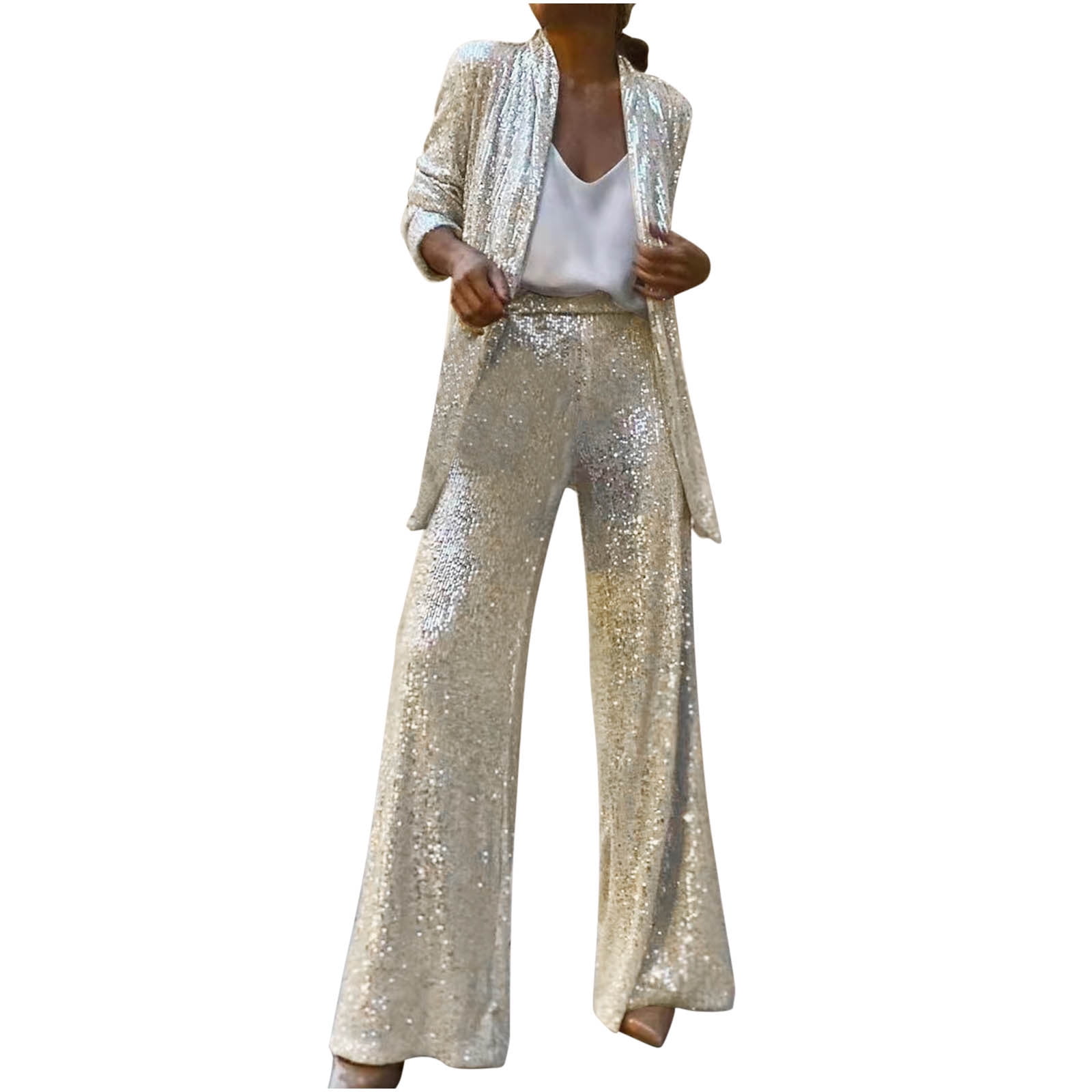 FNFYFH Womens Sequin Blazer Suits Trendy Long Sleeve Lapel Jackets Sets ...