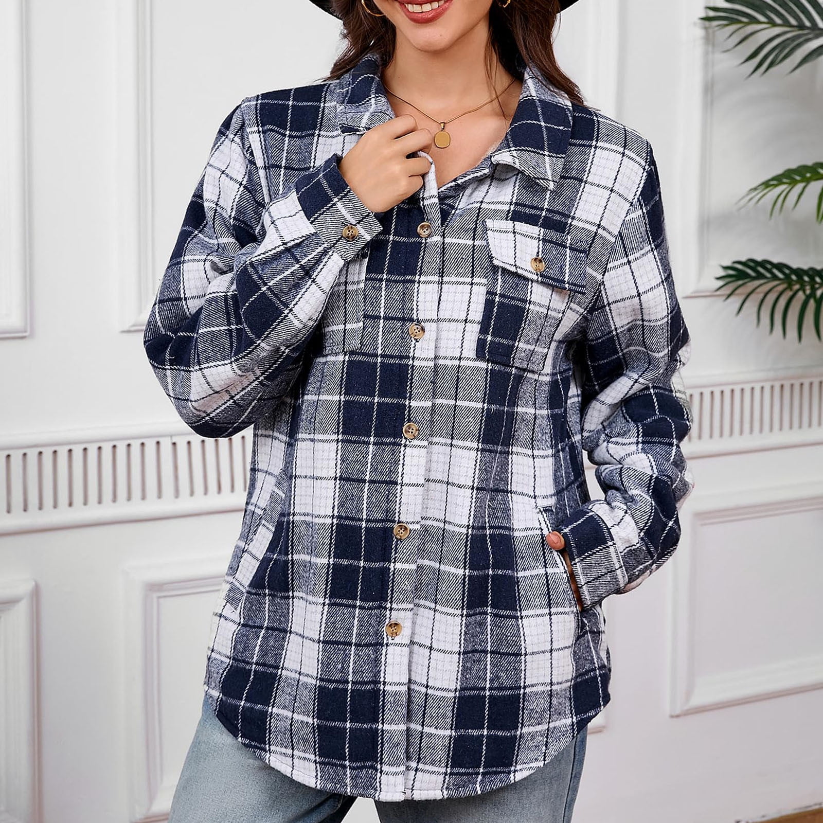 FNFYFH Womens Sherpa Lined Flannel Shirt Button Down Lapel Plaid ...