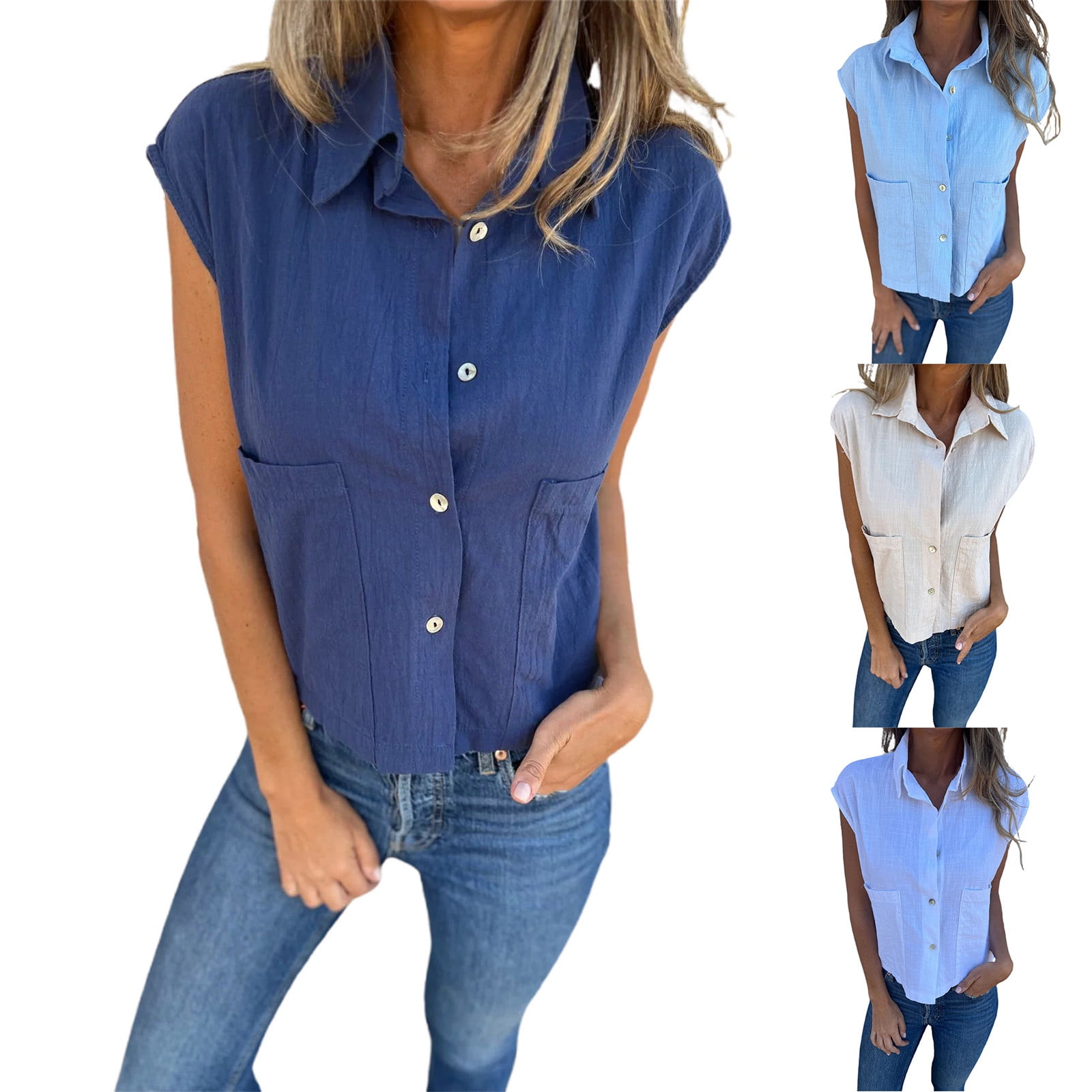 FNFYFH Womens Short Sleeve Shirts V Neck Collared Button Down Shirt ...