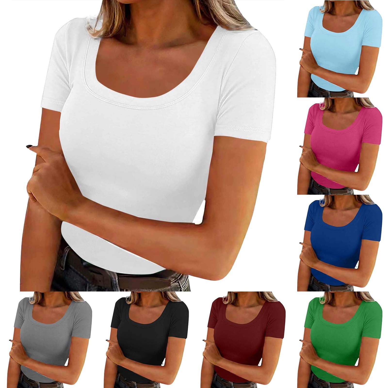 FNFYFH Womens Short Sleeve Slim Fit T Shirts Stretchy Scoop Neck Summer ...