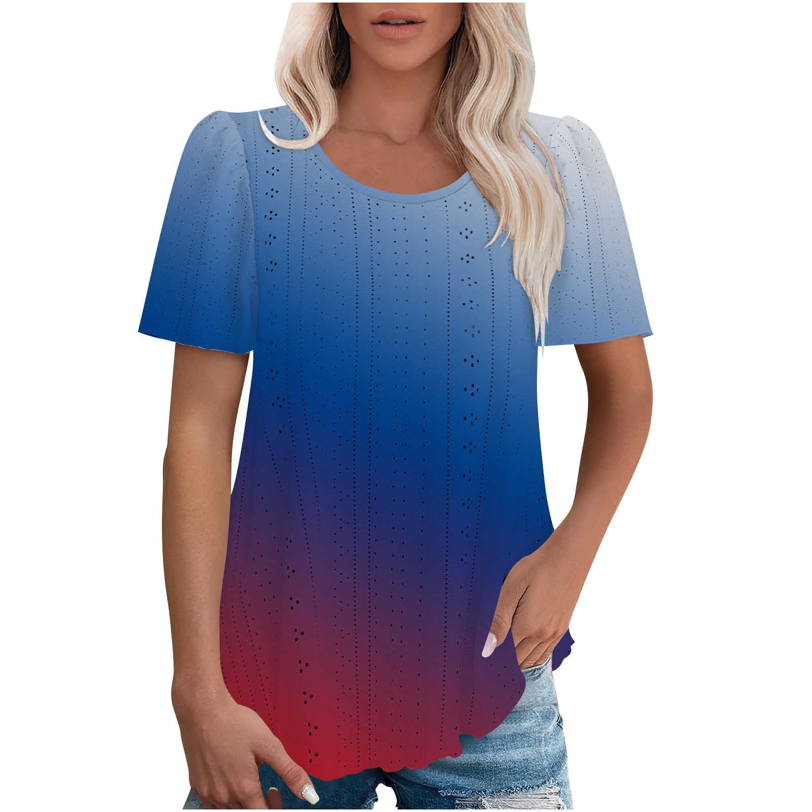 FNFYFH Womens Short Sleeve Tops Gradient Color Tees Summer Crewneck ...