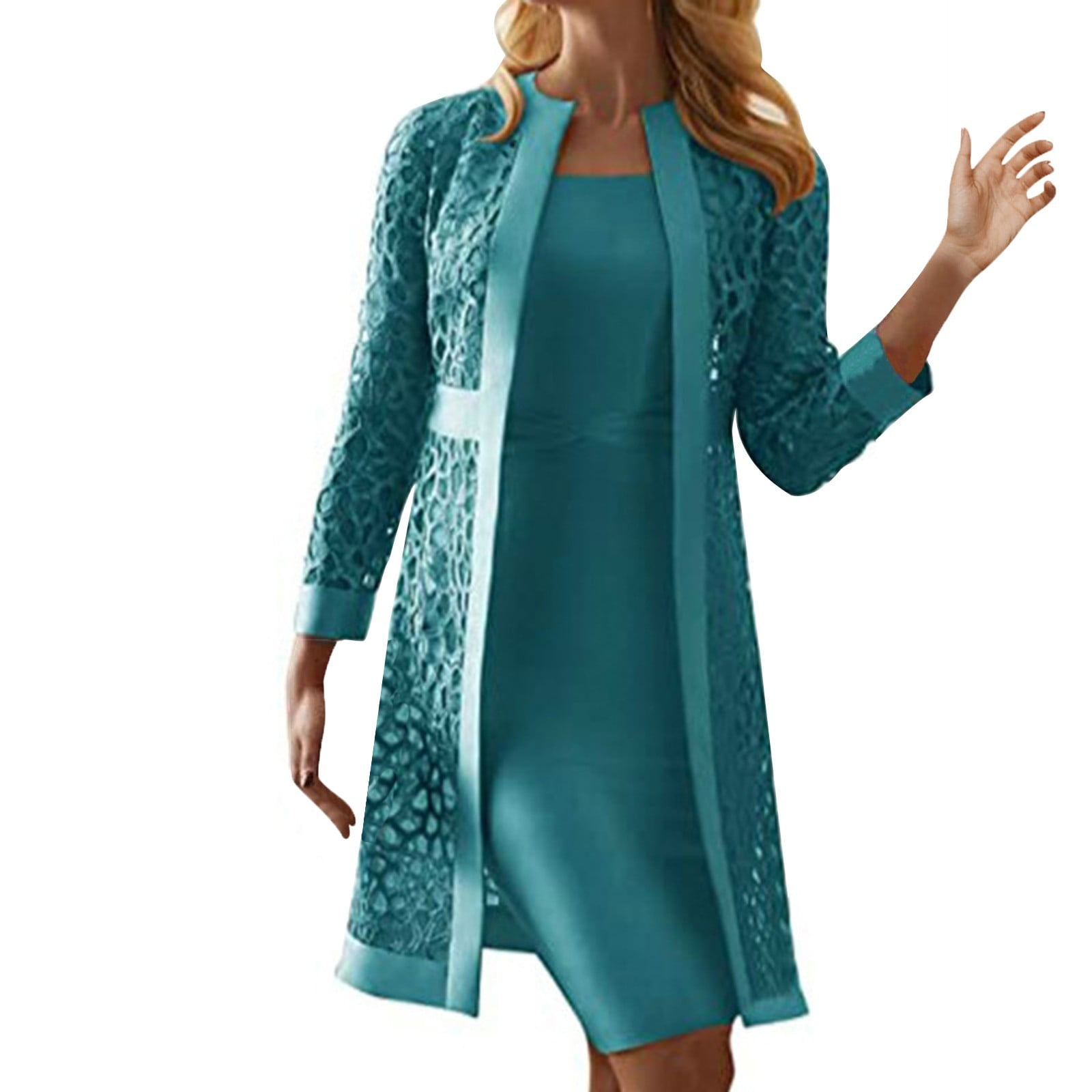 FNFYFH Womens Solid Dresses Suits Lace Long Sleeve Cardigan Outfit Sets ...