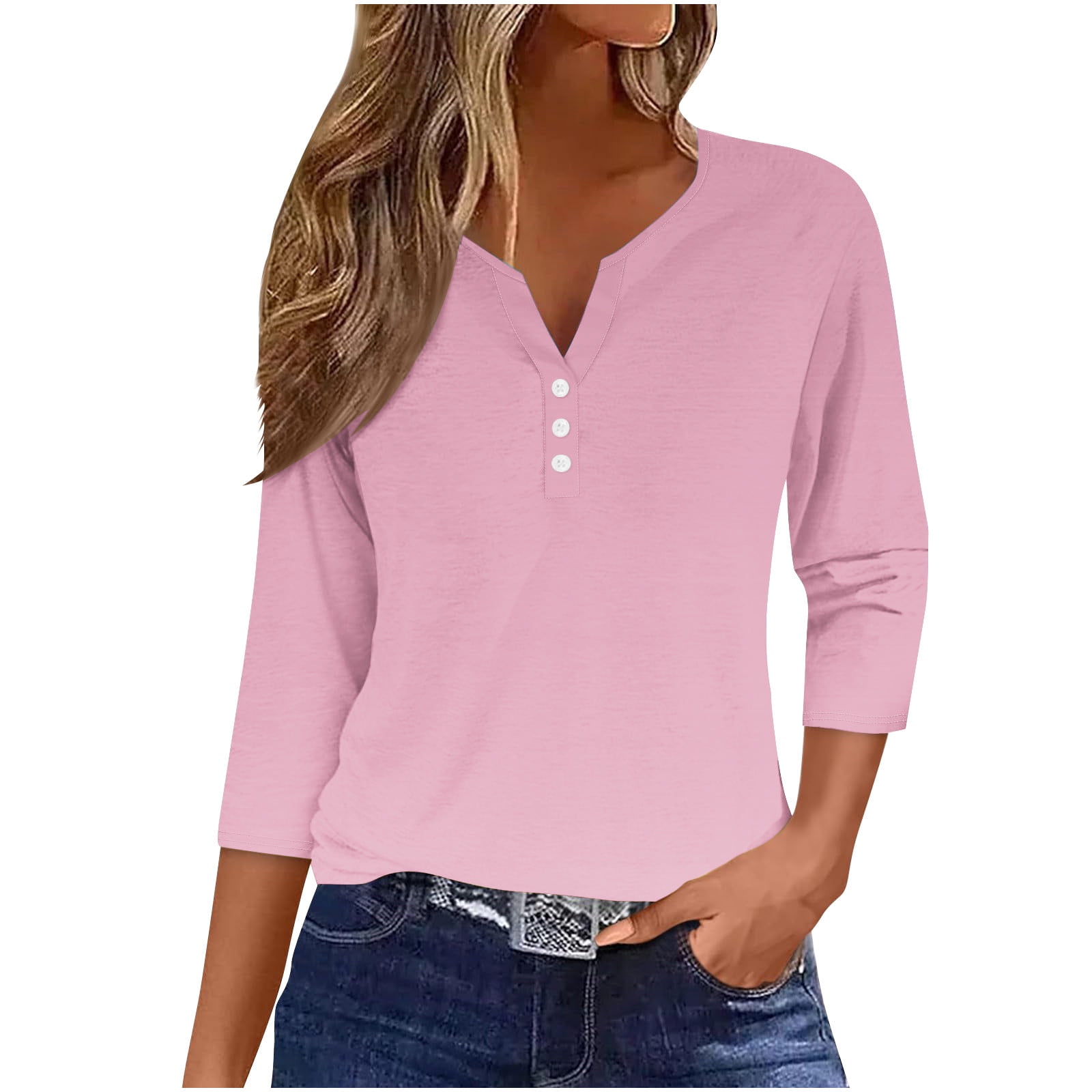 FNFYFH Womens Summer Button V Neck Shirts Causal Three Quarter Lenght ...