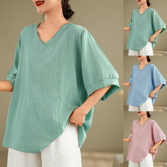 FNFYFH Womens V Neck Shirt Lightweight 3/4 Sleeve Embroidered Tops ...