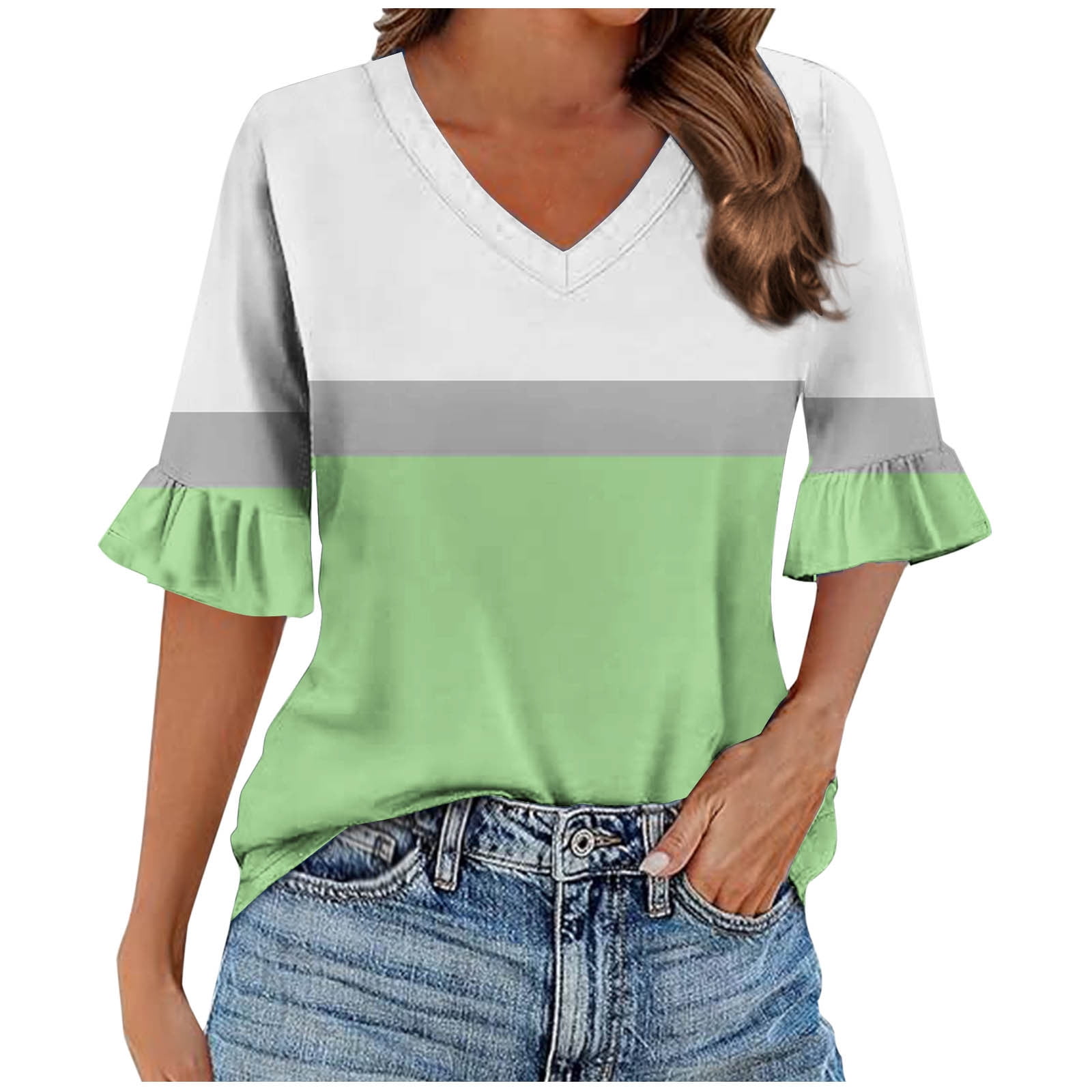 FNFYFH Womens V Neck T Shirt Color Block Ruffle 3/4 Sleeve Tops ...