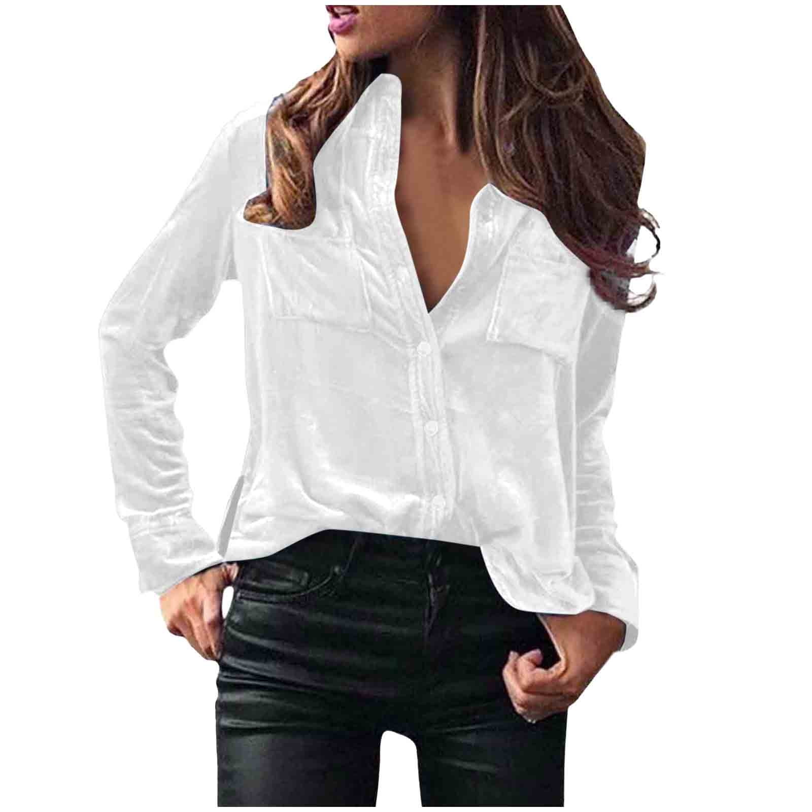 FNFYFH Womens Velvet Button Down Shirts Long Sleeve Work Shirt Side ...
