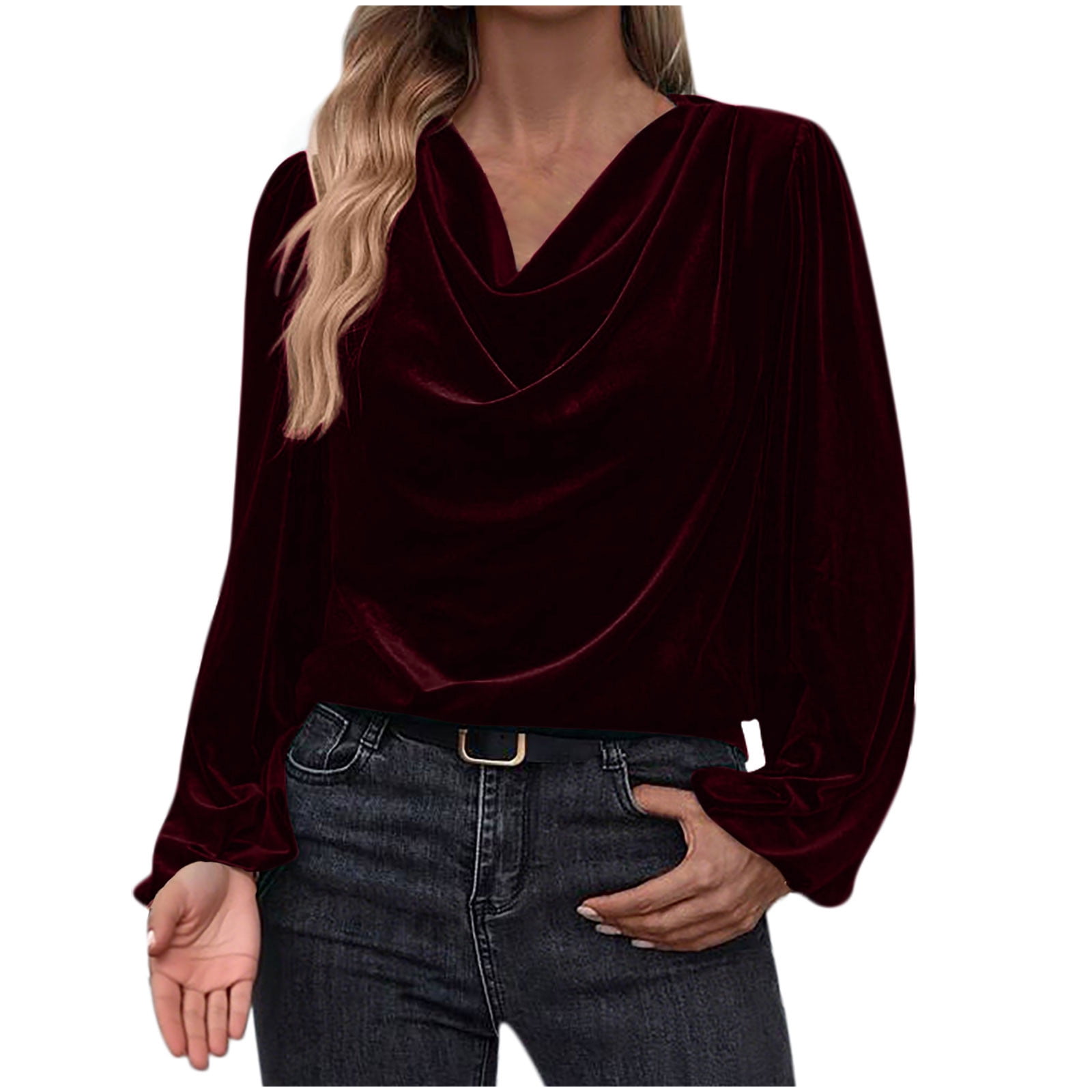 FNFYFH Womens Velvet Tops Elegant Cowl Neck Shirts Puff Long Sleeve ...