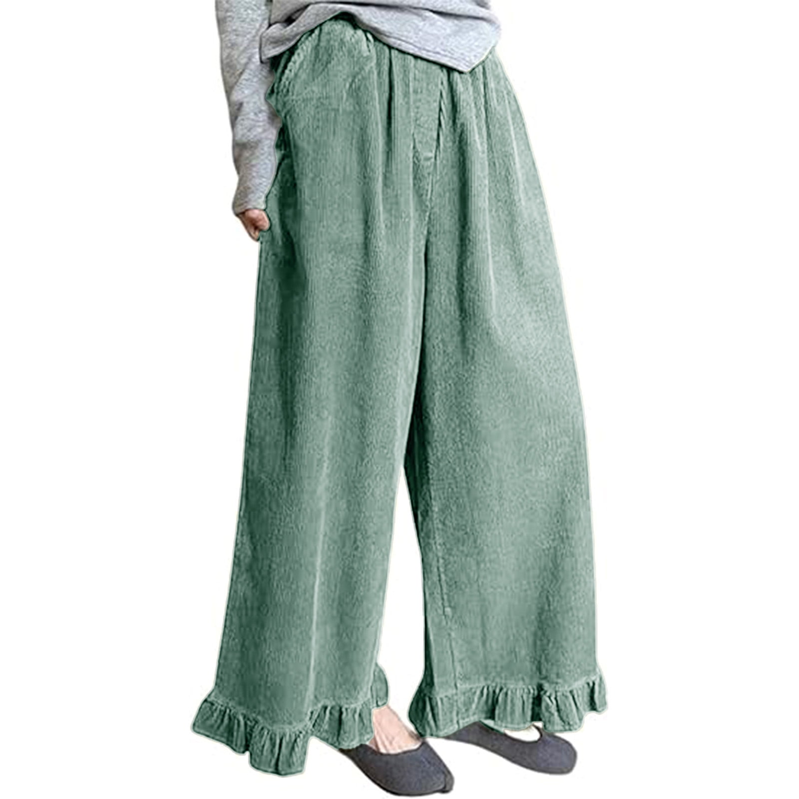 FNFYFH Womens Wide Leg Corduroy Pants Ruffled Hem Elastic Waist Lounge ...