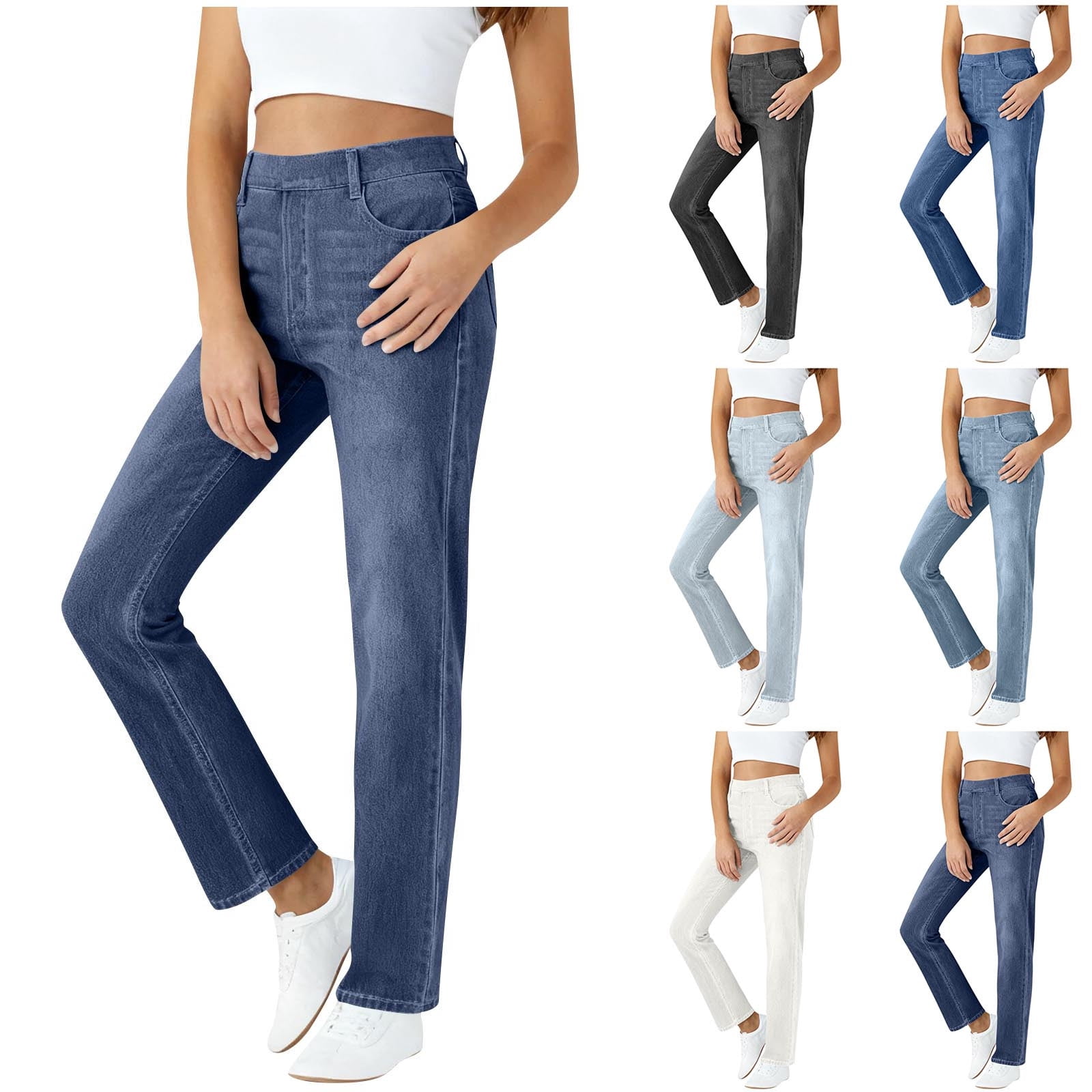 FNFYH Women's Slim Fit Slim Leg Pull On Faux Jeans High Waist Stretch ...