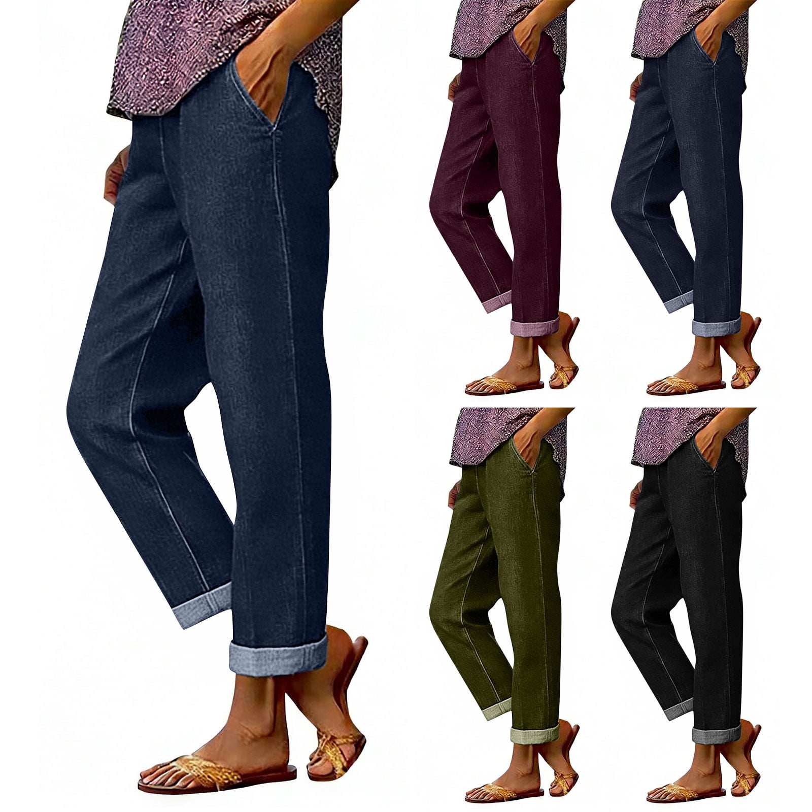 FNFYH Women's Straight Leg Pull On Jeans Stretch Elastic Waist Denim ...