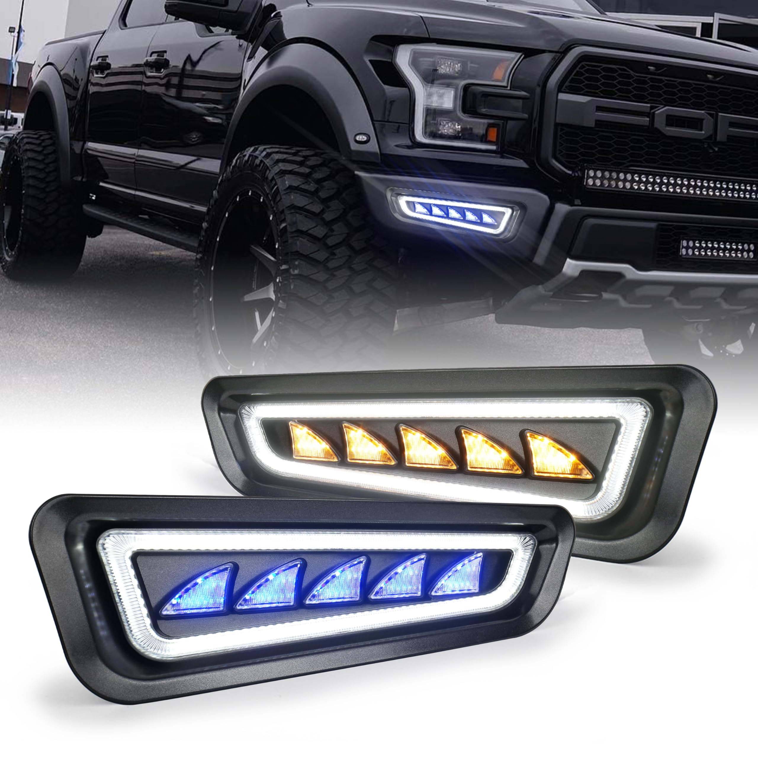 FNGET LED Fog Lights ZS23 with Blue LED Amber Sequential Turn Signal ...