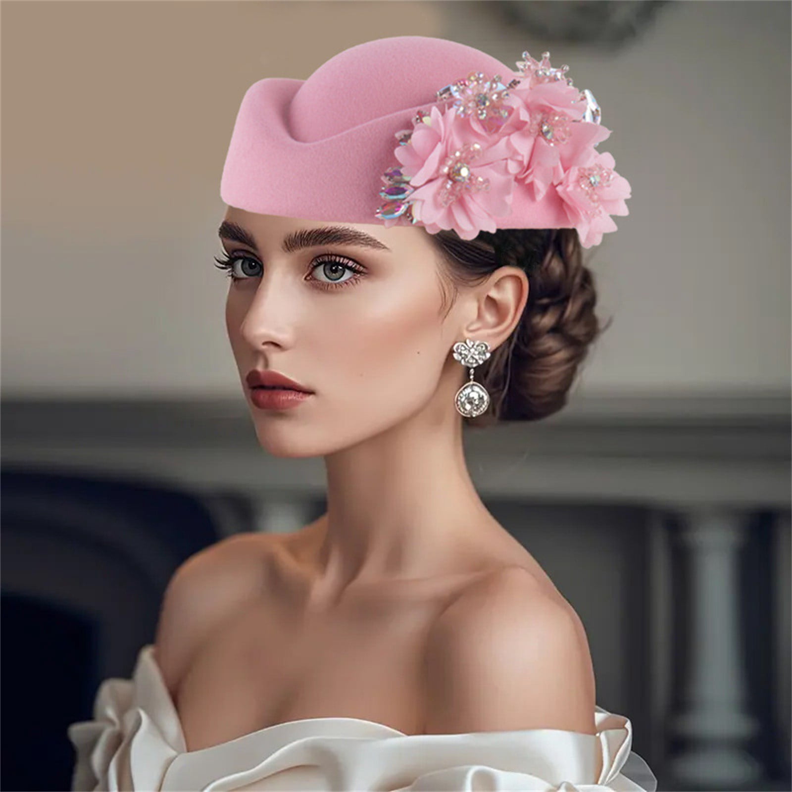FNGZ 1Pc Hat, Pink Berets, Women Church Hats Flower Applique Pillbox ...