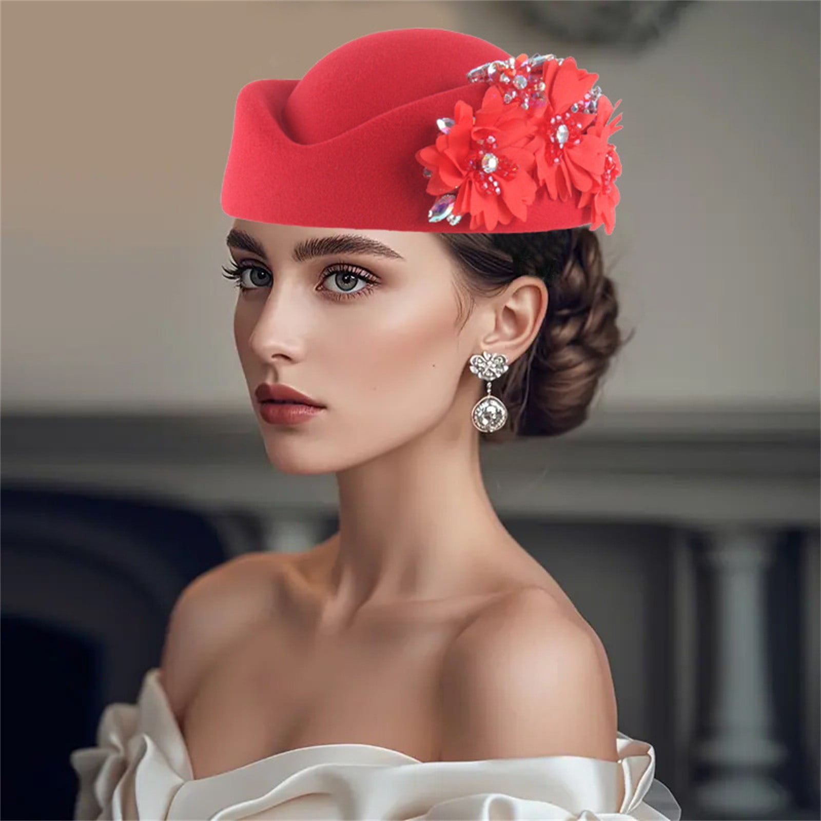 FNGZ 1Pc Hat, Red Berets, Women Church Hats Flower Applique Pillbox ...
