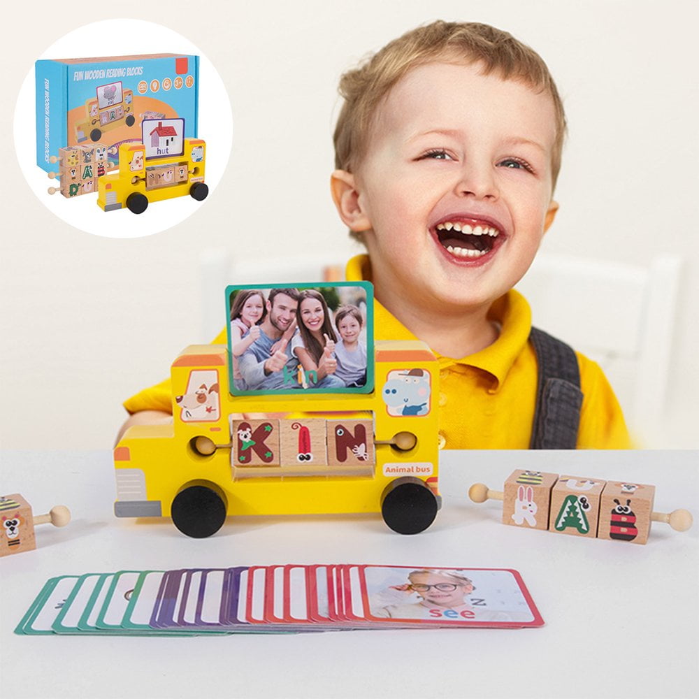 FNNMNNR Montessori Wooden Reading Blocks Toddler Flash Cards Turning ...