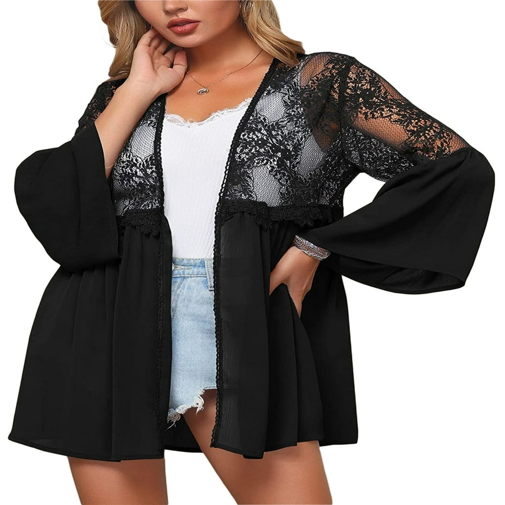 FNNMNNR Women Lace Open Front Cardigan Casual Long Sleeve Crochet Sheer ...