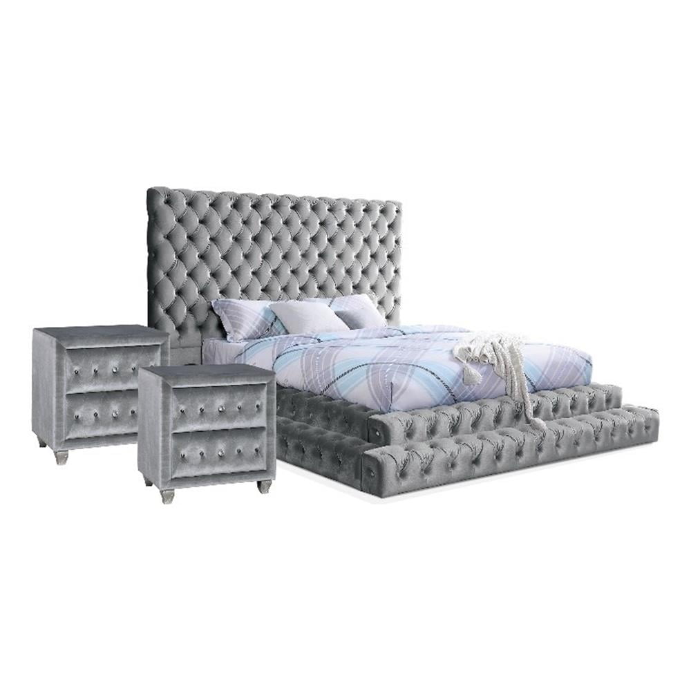 FOA Biron 3pc Gray Fabric Upholstered Bedroom Set - Queen + 2 ...