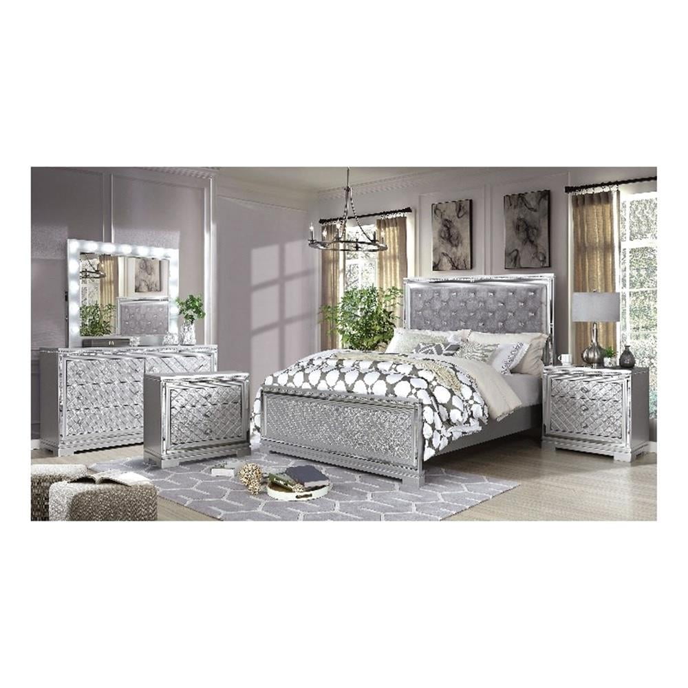 FOA Chid 5pc Silver Wood Bed Set - Queen + 2 Nightstands + Dresser ...