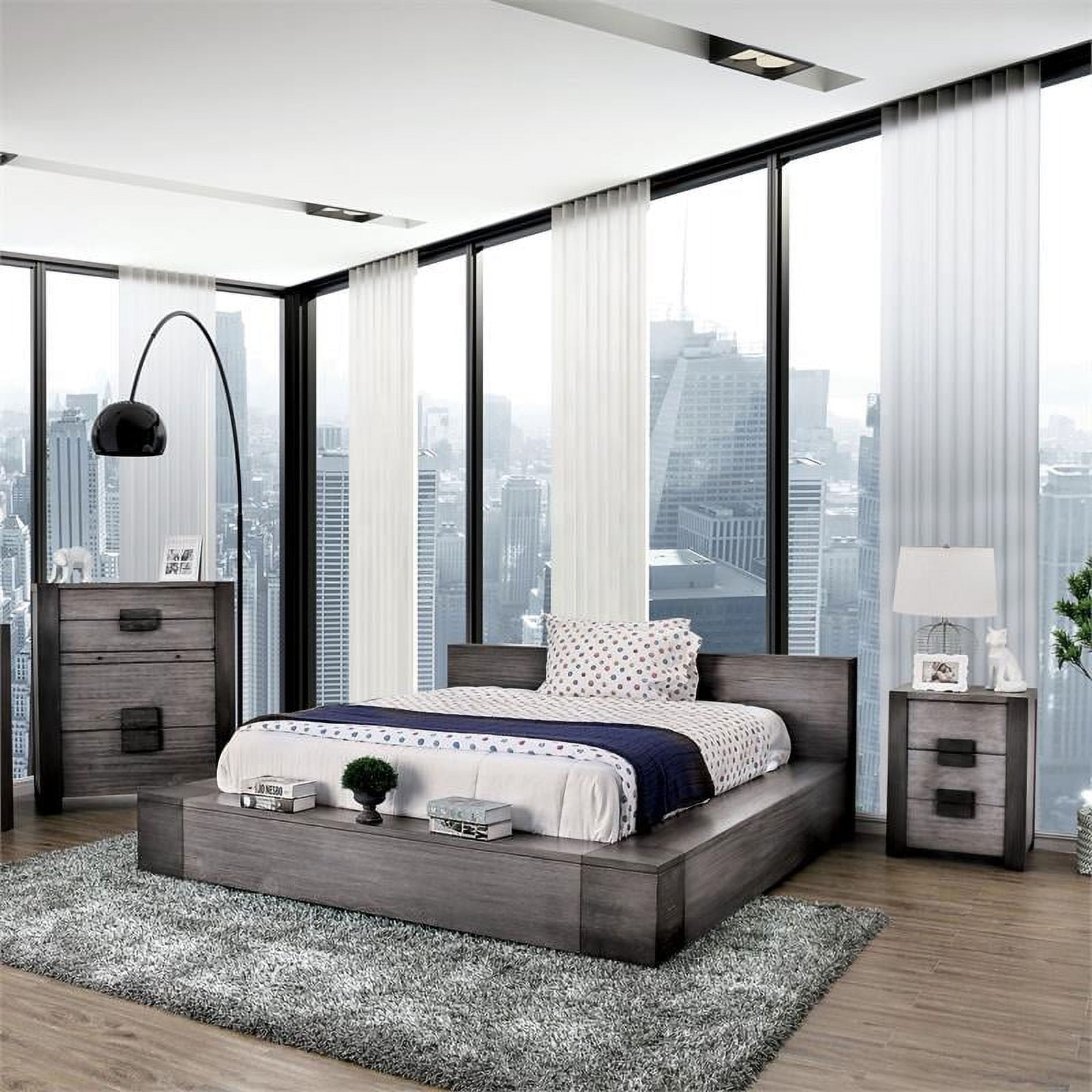 FOA Elbert 3-Piece Gray Wood Low Bedroom Set - Queen + Nightstand ...