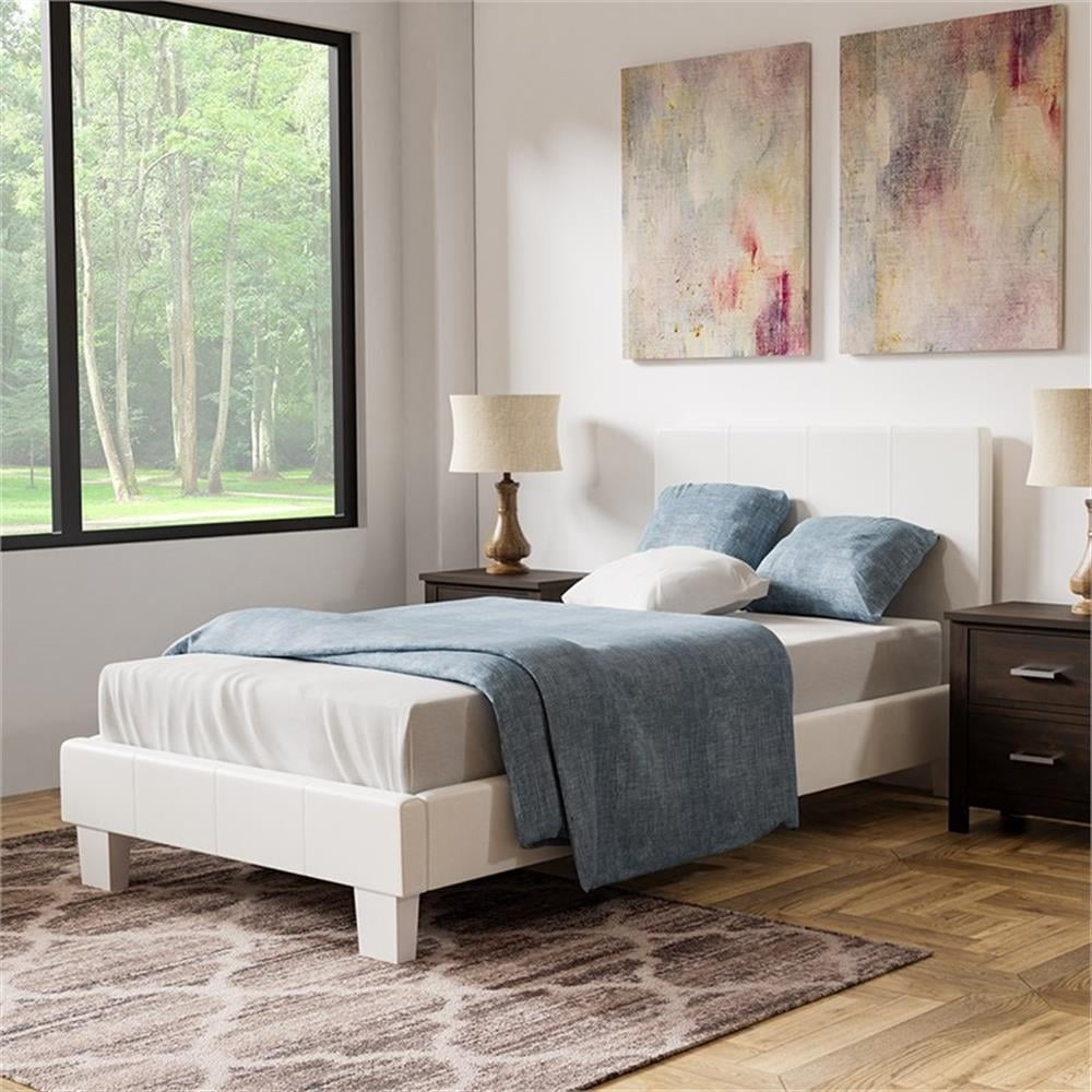 FOA Marc White Twin Platform Faux Leather Bed with 12" Memory Foam ...