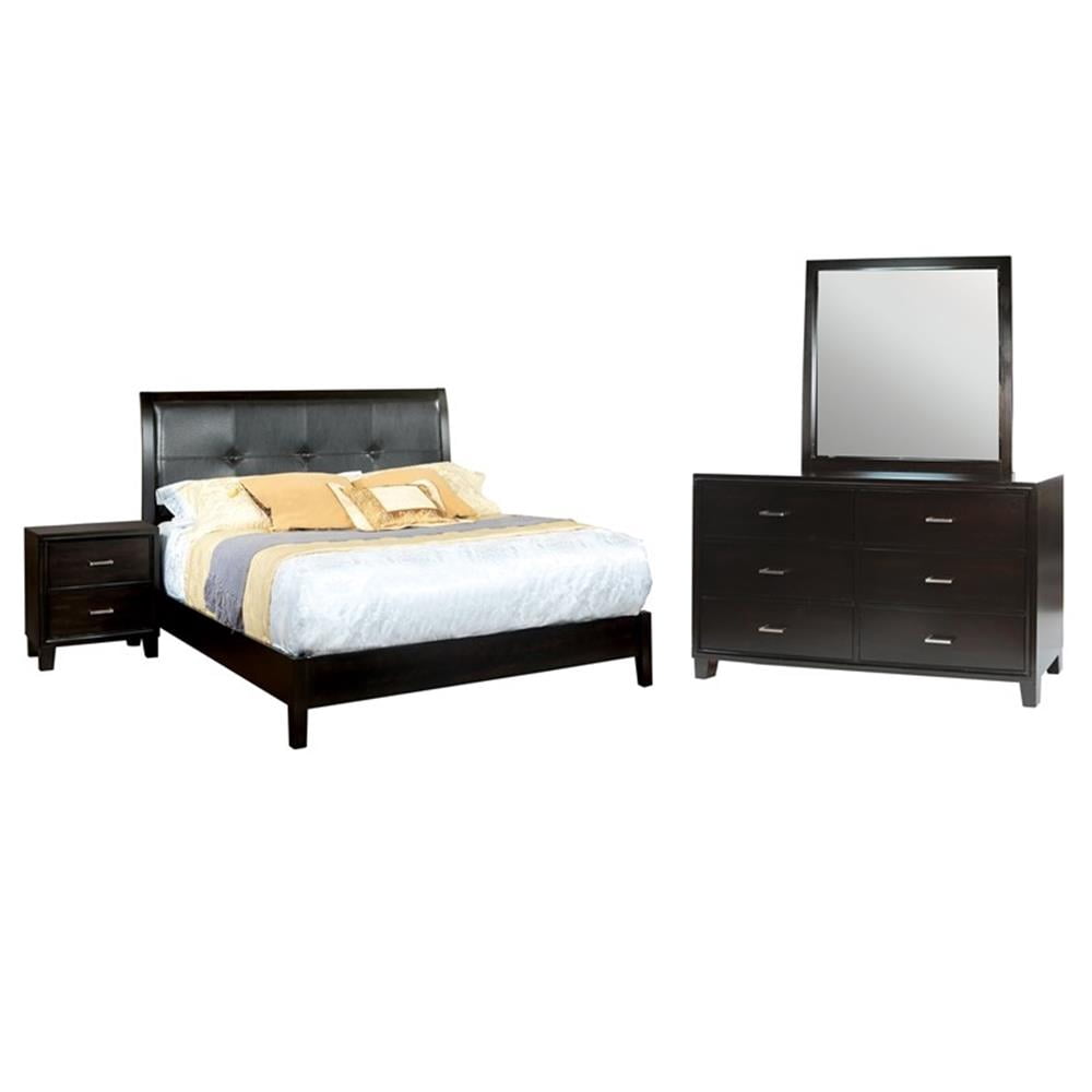FOA Muscett 4pc Espresso Solid Wood Bed Set-Full+Nightstand+Dresser ...