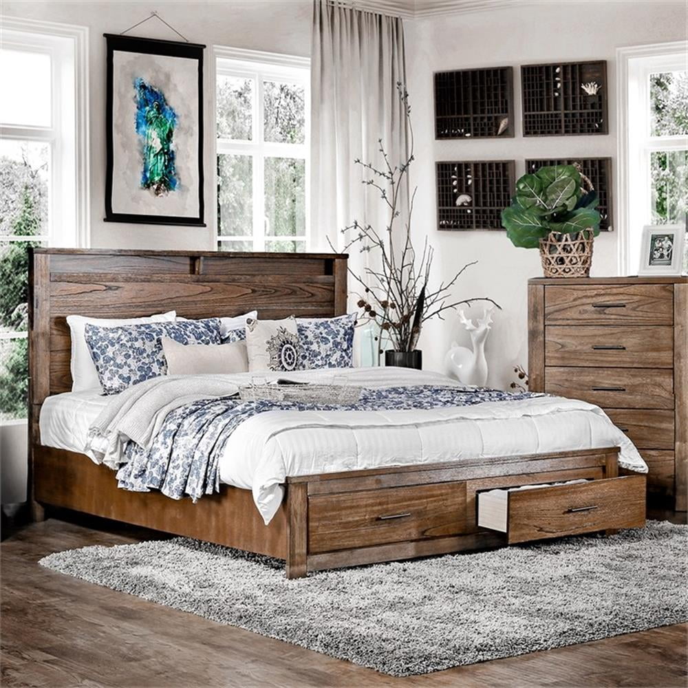 FOA Netti Antique Oak King Natural Wood Bed with 12" Memory Foam ...