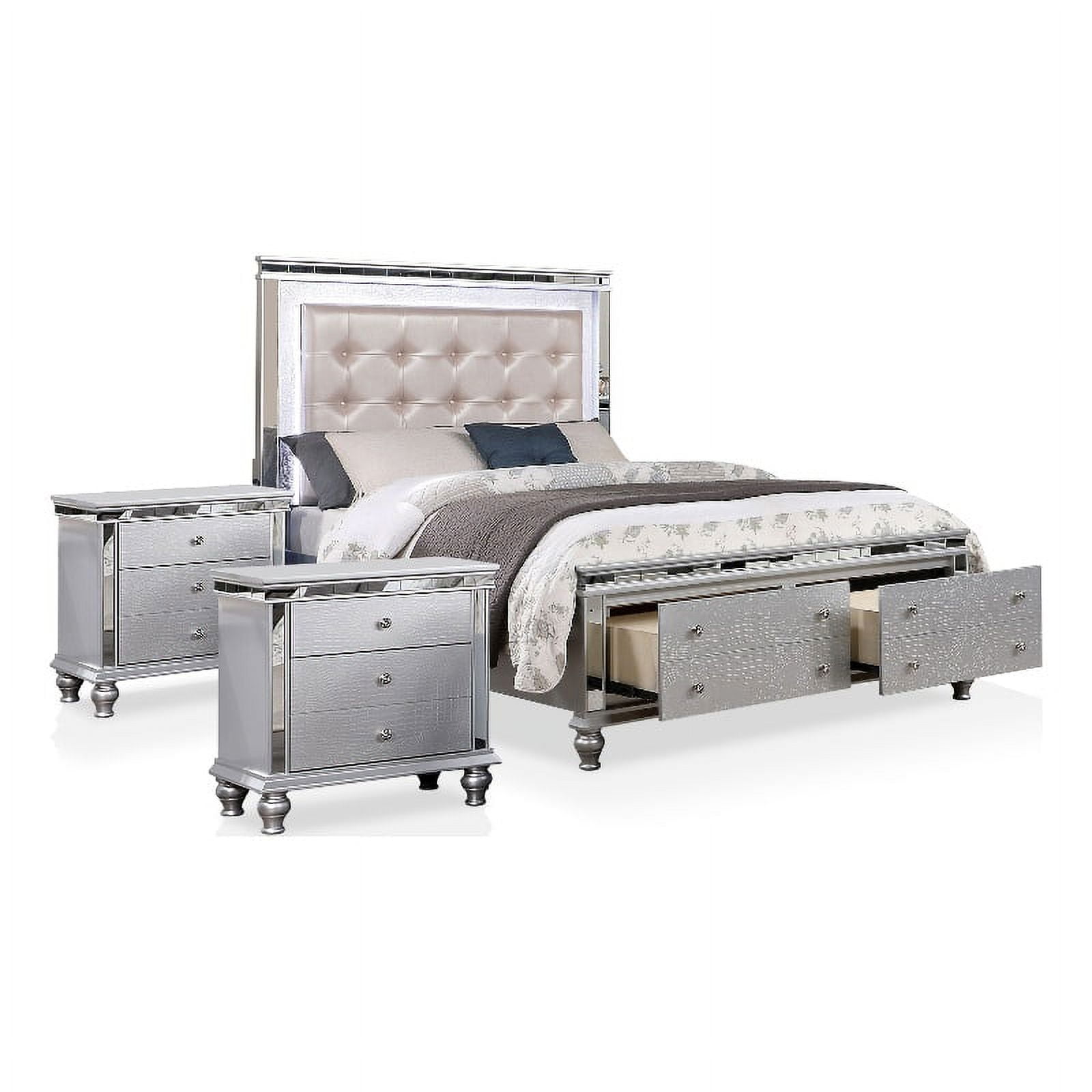 FOA Pimma 3-Piece Silver Solid Wood Bedroom Set - Cal King + 2 Nightstands - Walmart.com