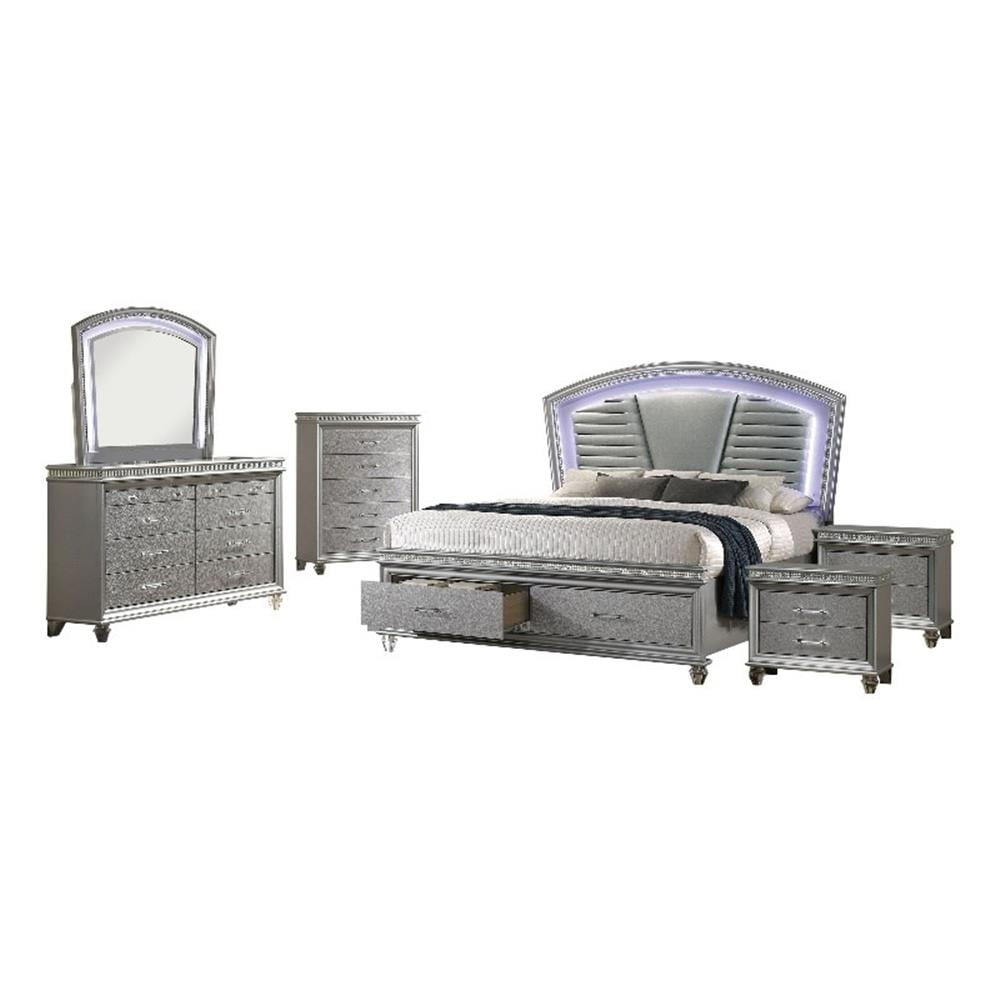FOA Plumley 6pc Silver Wood Bed Set-King+2 Nightstands+Chest+Dresser ...