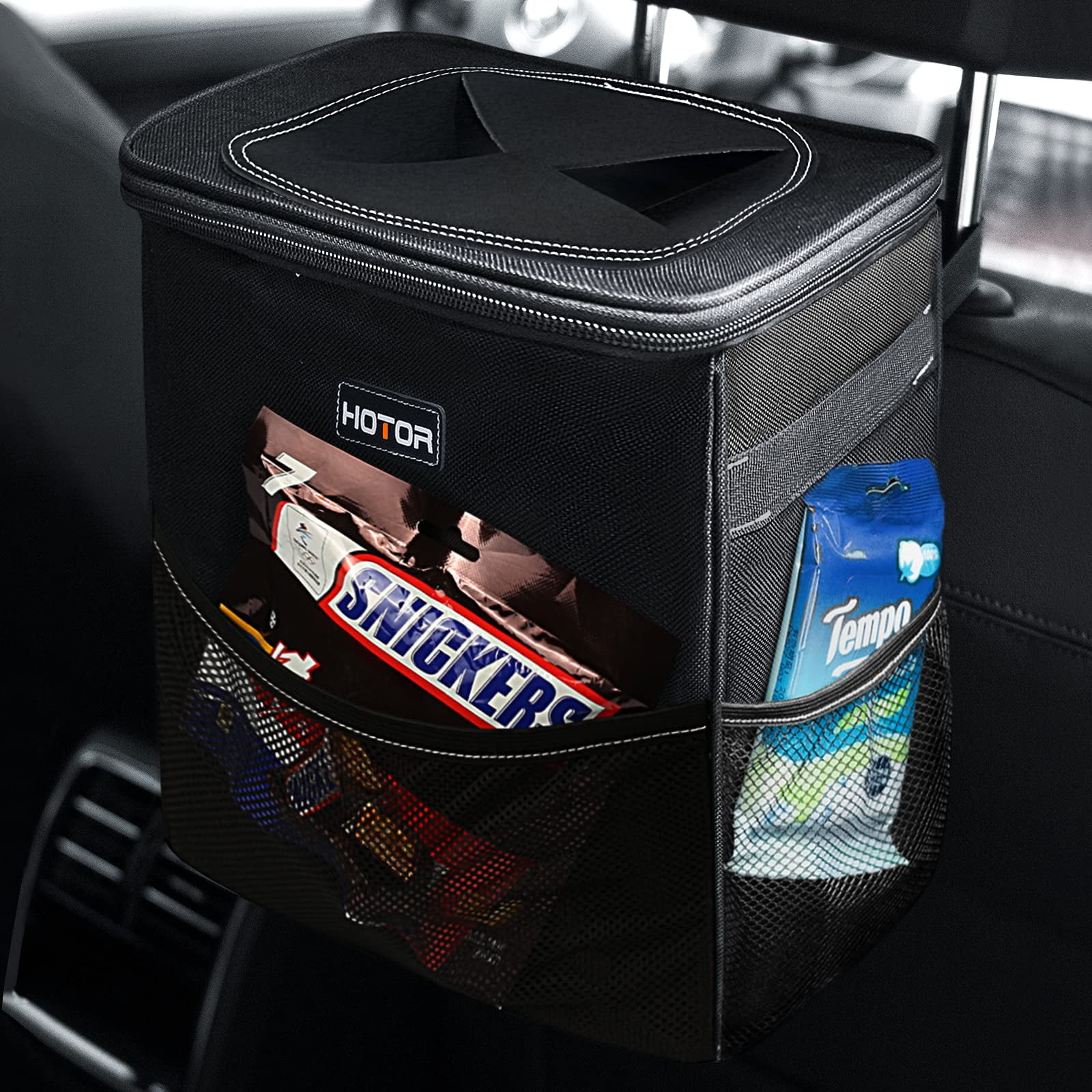 FOAUUH Car Trash Can with Lid and Storage Pockets, 100% Leak-Proof Car ...