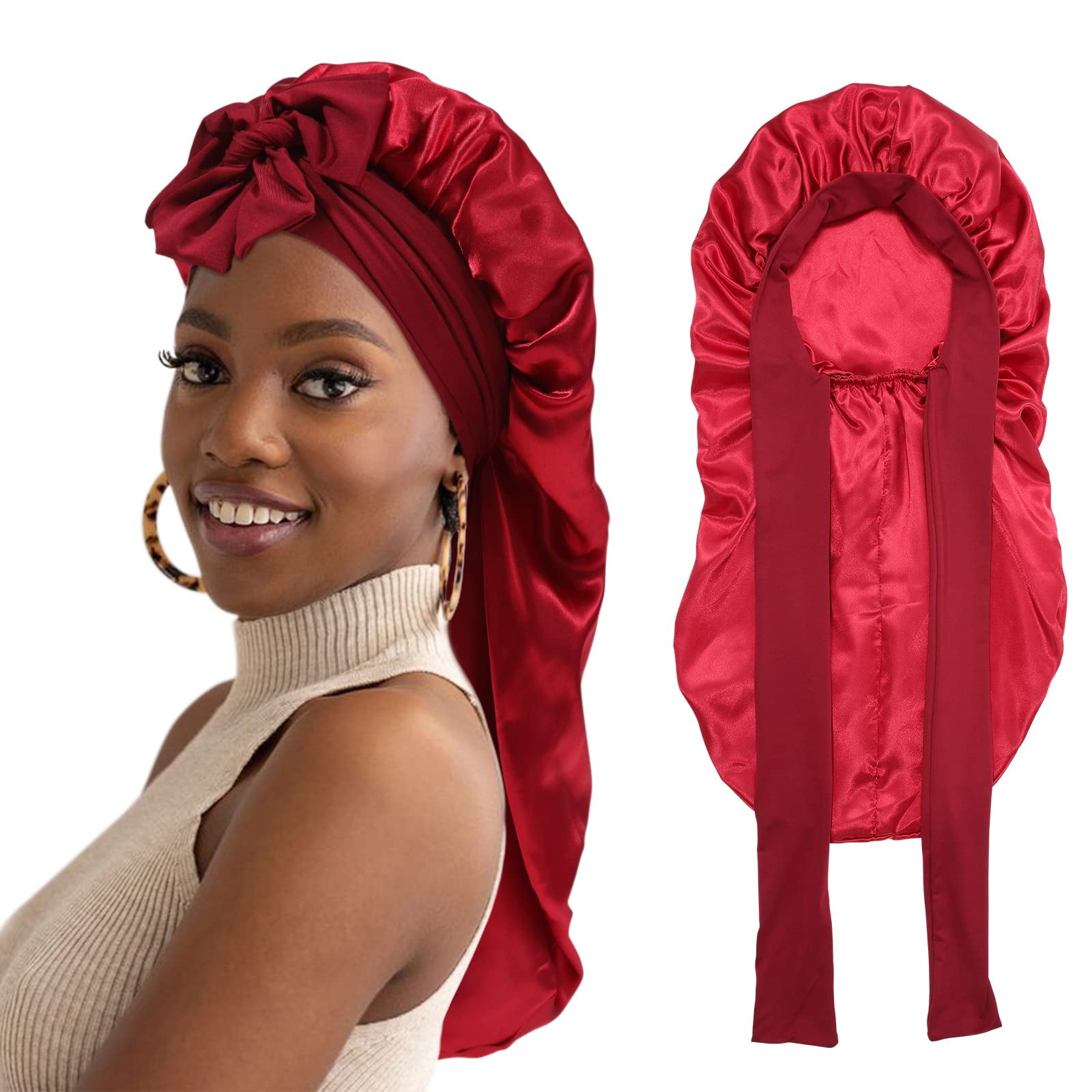 FOAUUH Long Satin Bonnet for Women - Double Layer Elastic Silk Bonnet ...