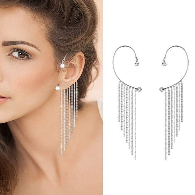 FOCALOOK Cartilage Earrings for Women Sparkly Rhinestone Ear Cuffs Long ...