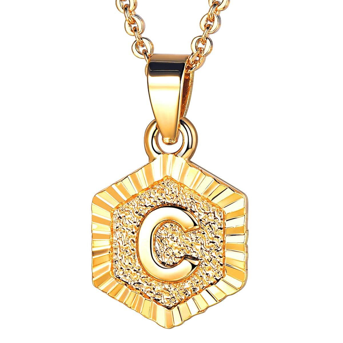 FOCALOOK Gold Initial Necklace for Women Men Hexagon Capital Letter C ...